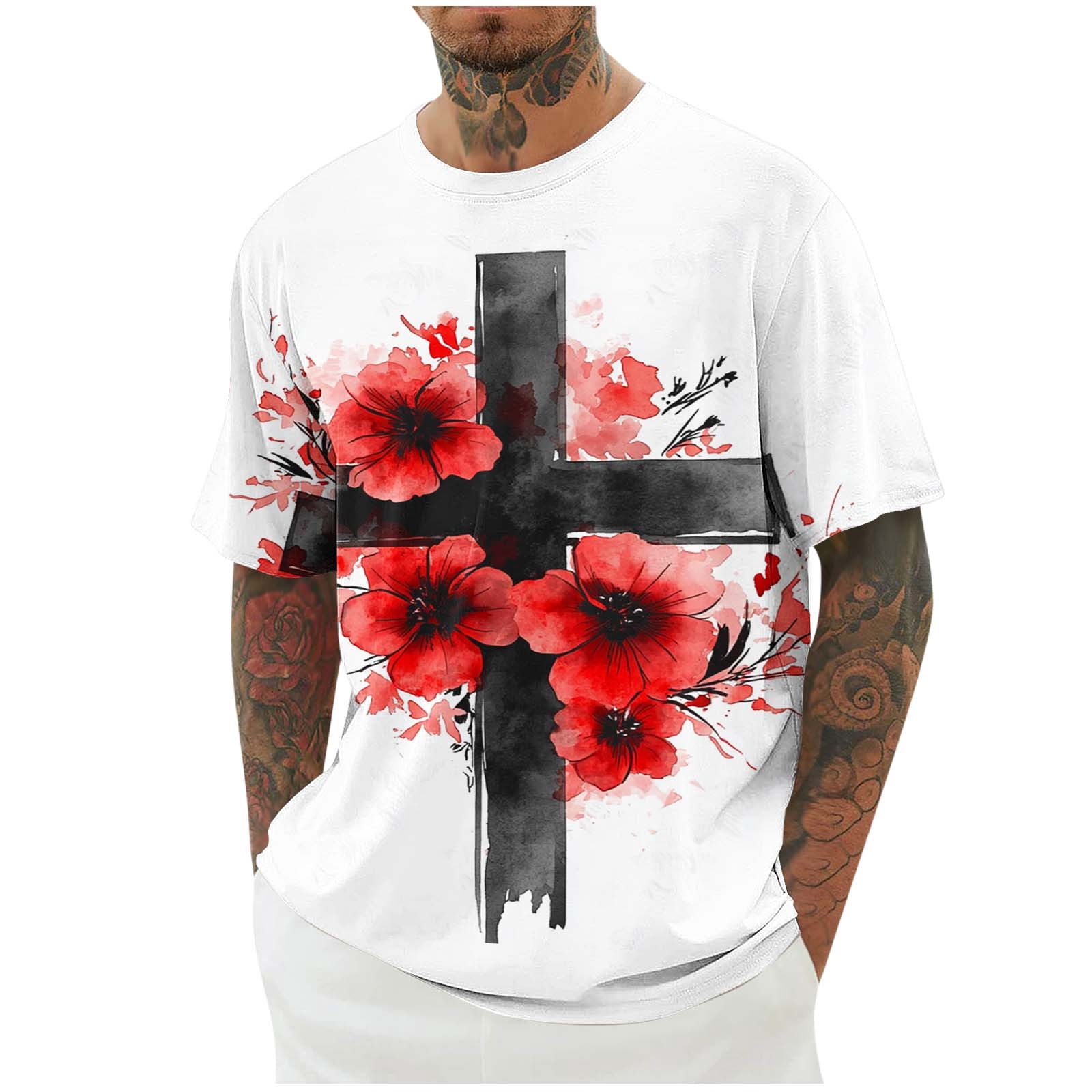 Awdenio Mens T-shirts Short Sleeve Cross Letter Print Graphic Round ...