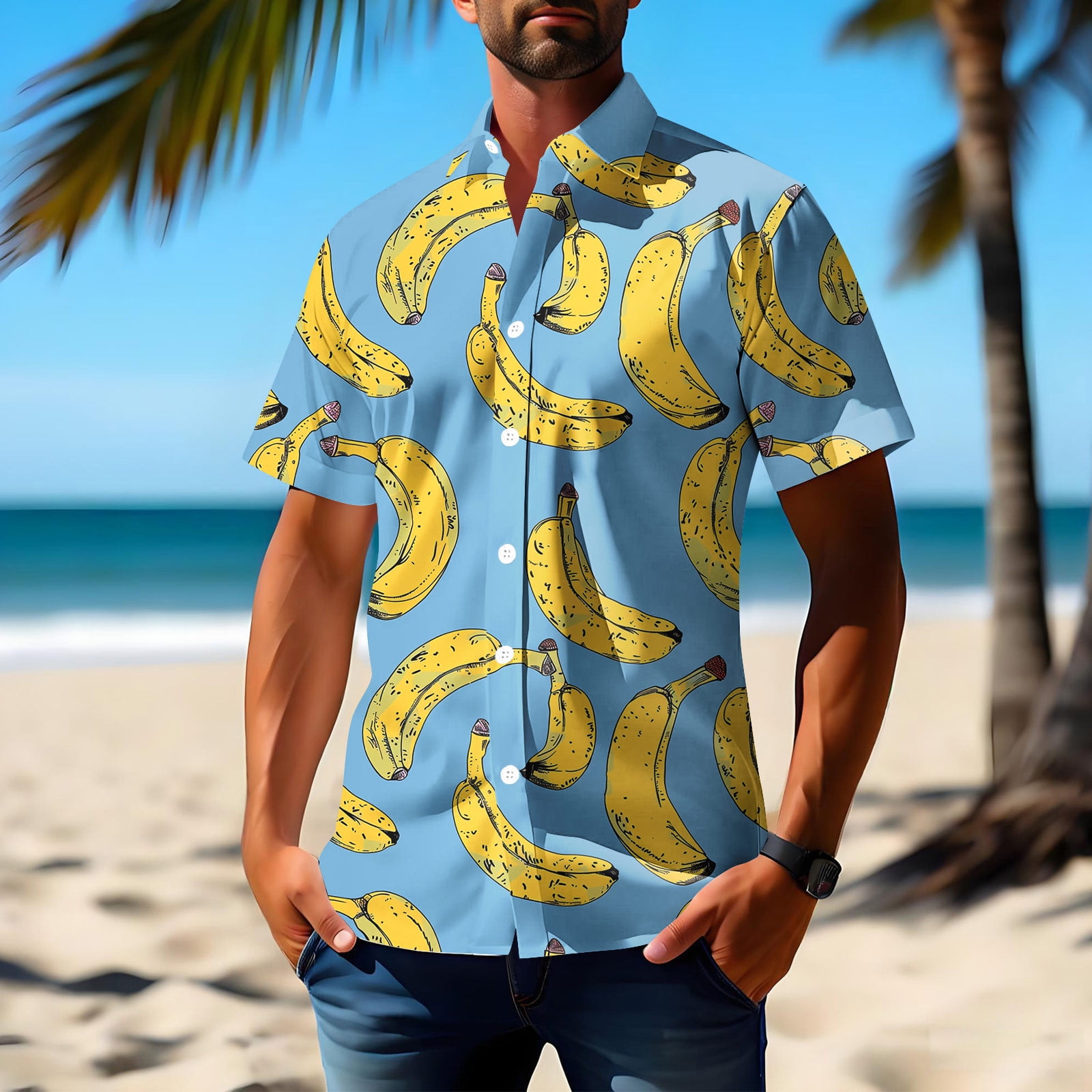 Awdenio Mens T-shirts Summer Beach Casual Short Sleeve Button Down ...