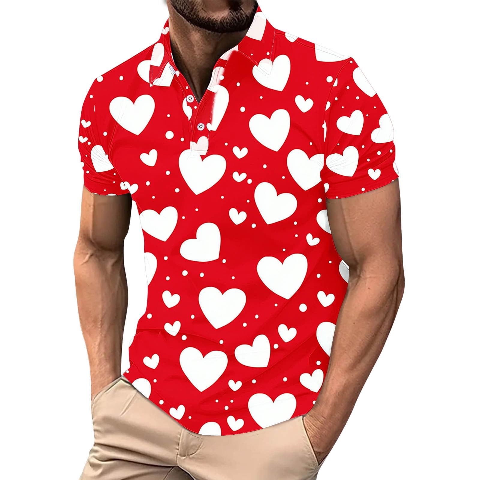Awdenio Mens T-shirts Valentines Button Down Shirts Heart Print Short ...