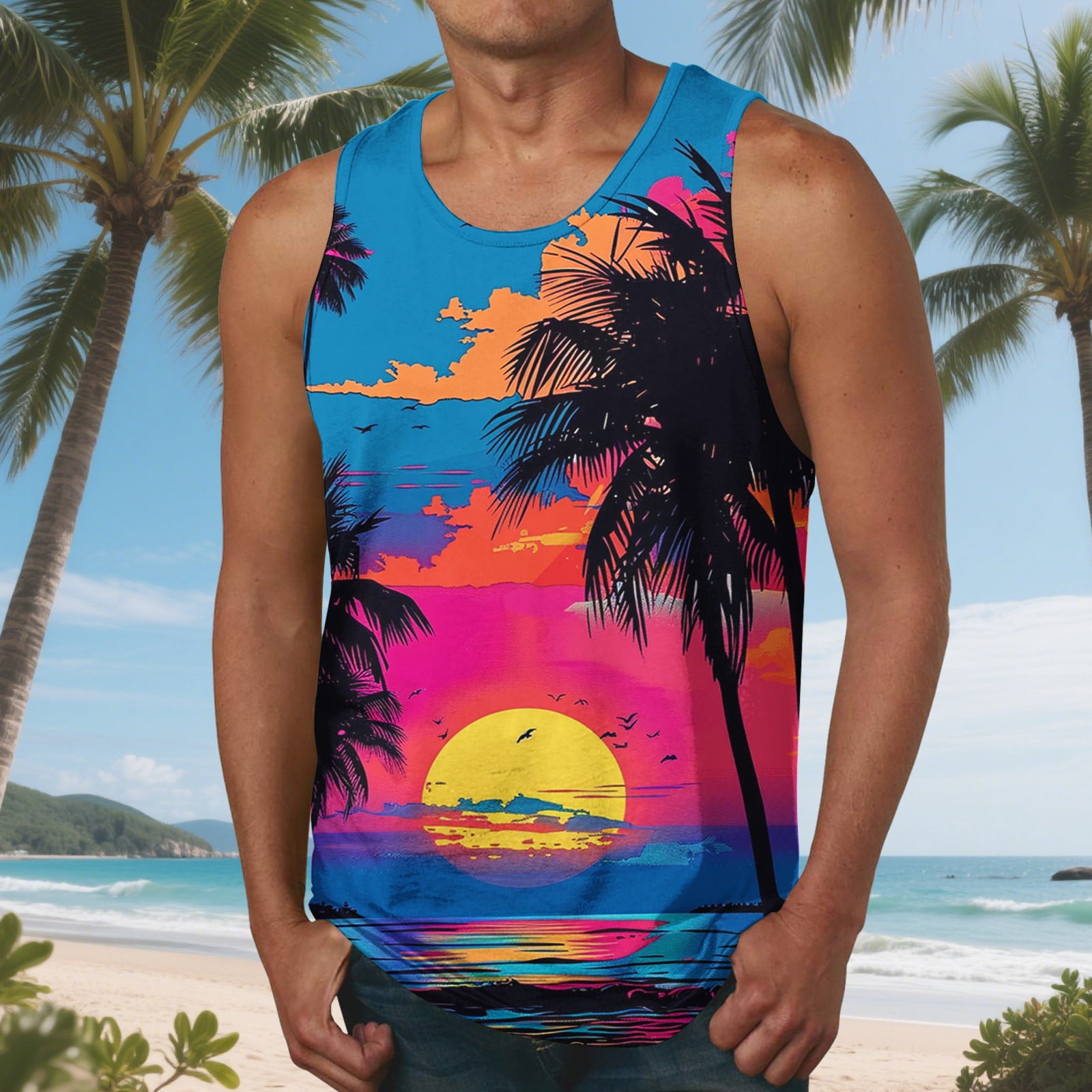 Awdenio Mens Tank Tops Summer Graphic Tank Tops Crewneck Gym Muscle Beach Hawaii Sleeveless ...