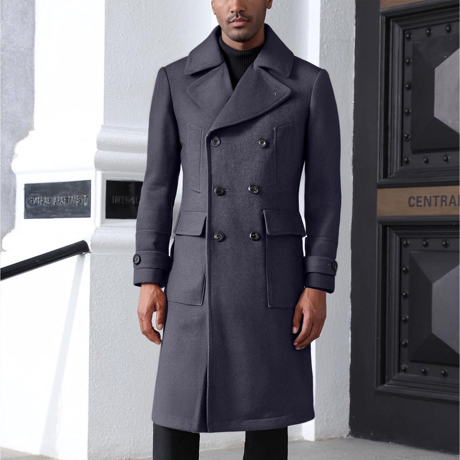 Awdenio Mens Winter Jacket Casual Trench Coat Notched Collar Lapel Long ...