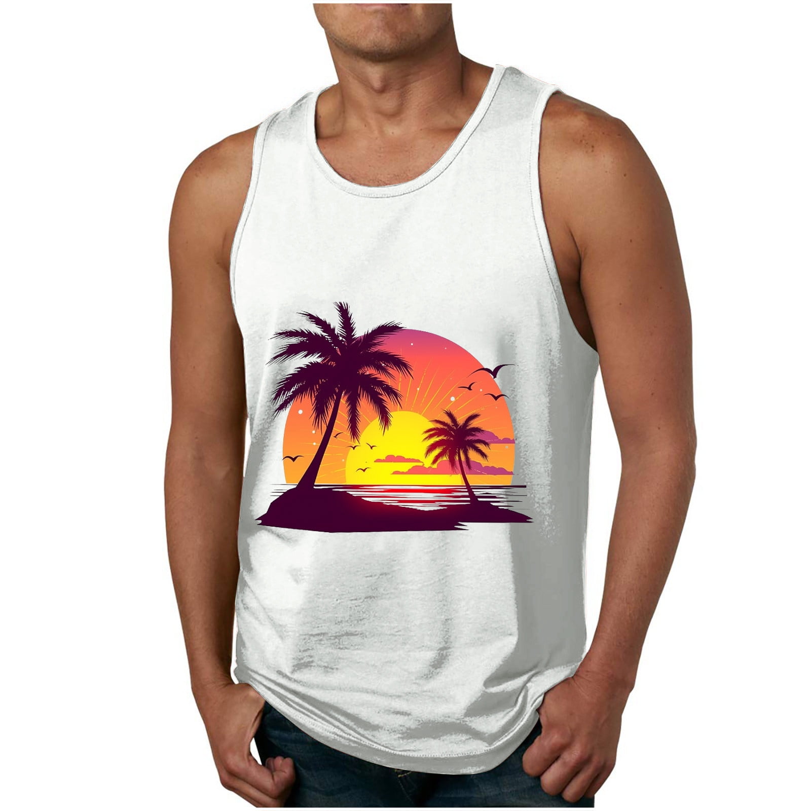 Awdenio New Arrivals Men's Sweat Tank Tops Coconut Tree Printing Round ...