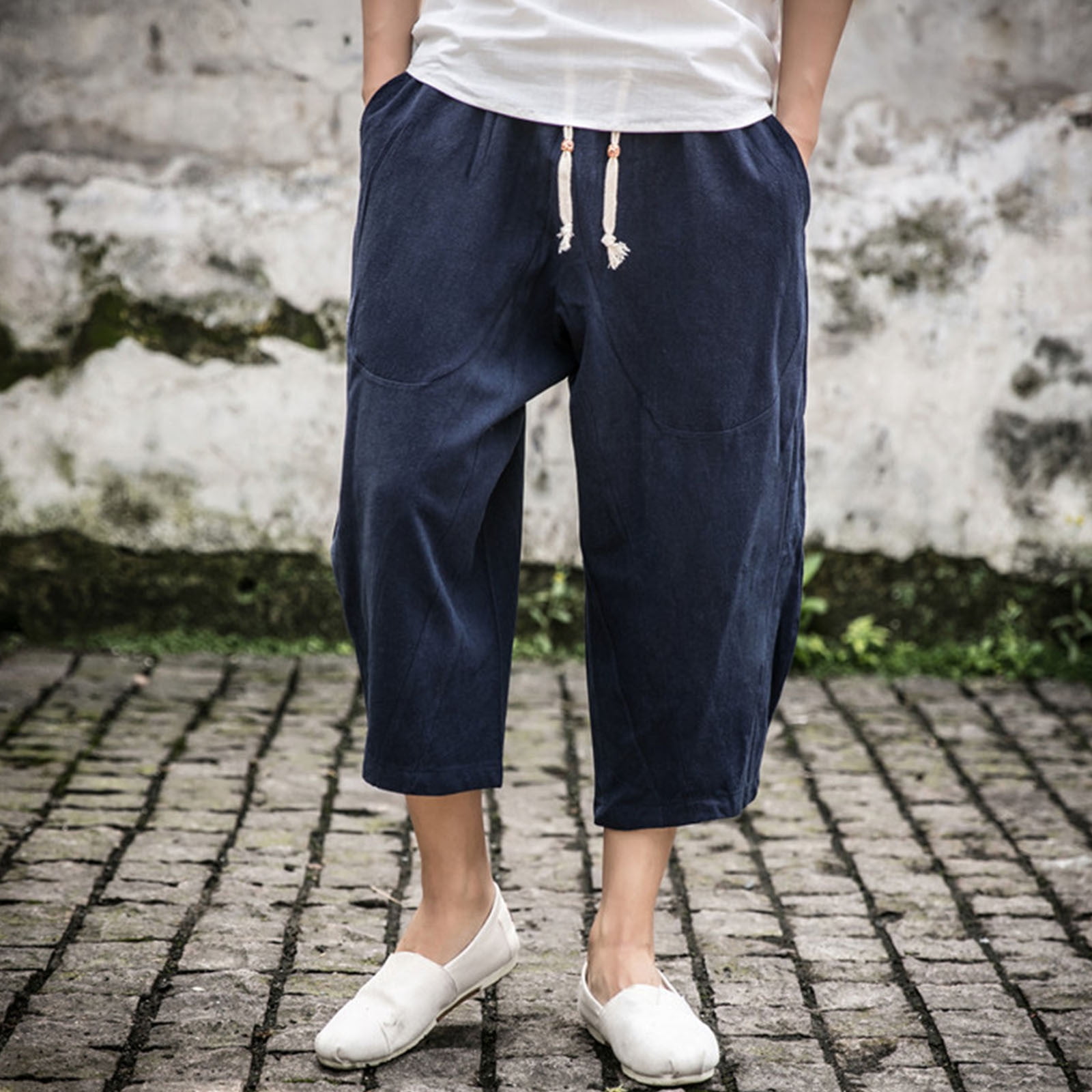 Awdenio Pants for Men Cotton Linen Capri Pants Light Loose 3/4 Long ...