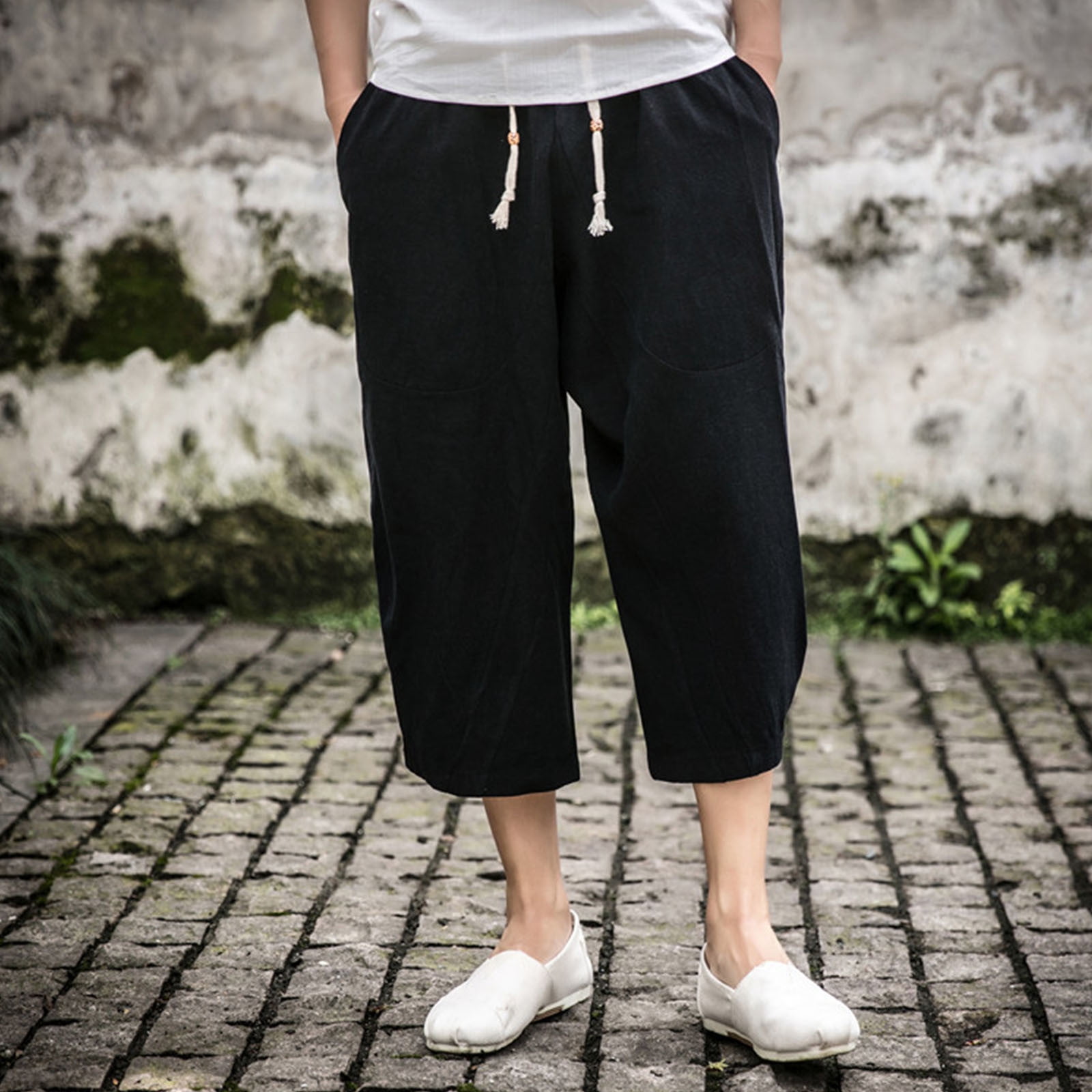 Awdenio Pants for Men Cotton Linen Capri Pants Light Loose 3/4 Long ...