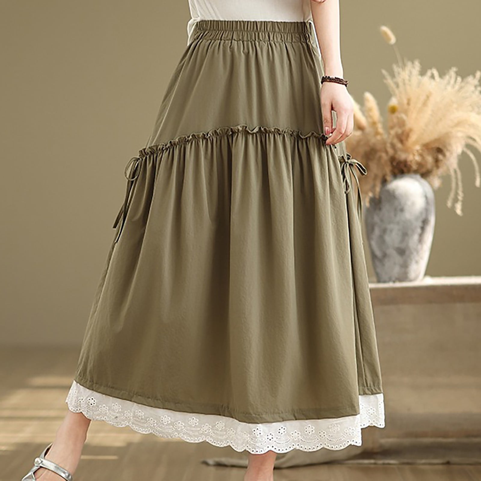 Awdenio Pleated Skirts for Women Long Skirt Cottagecore Elastic High ...