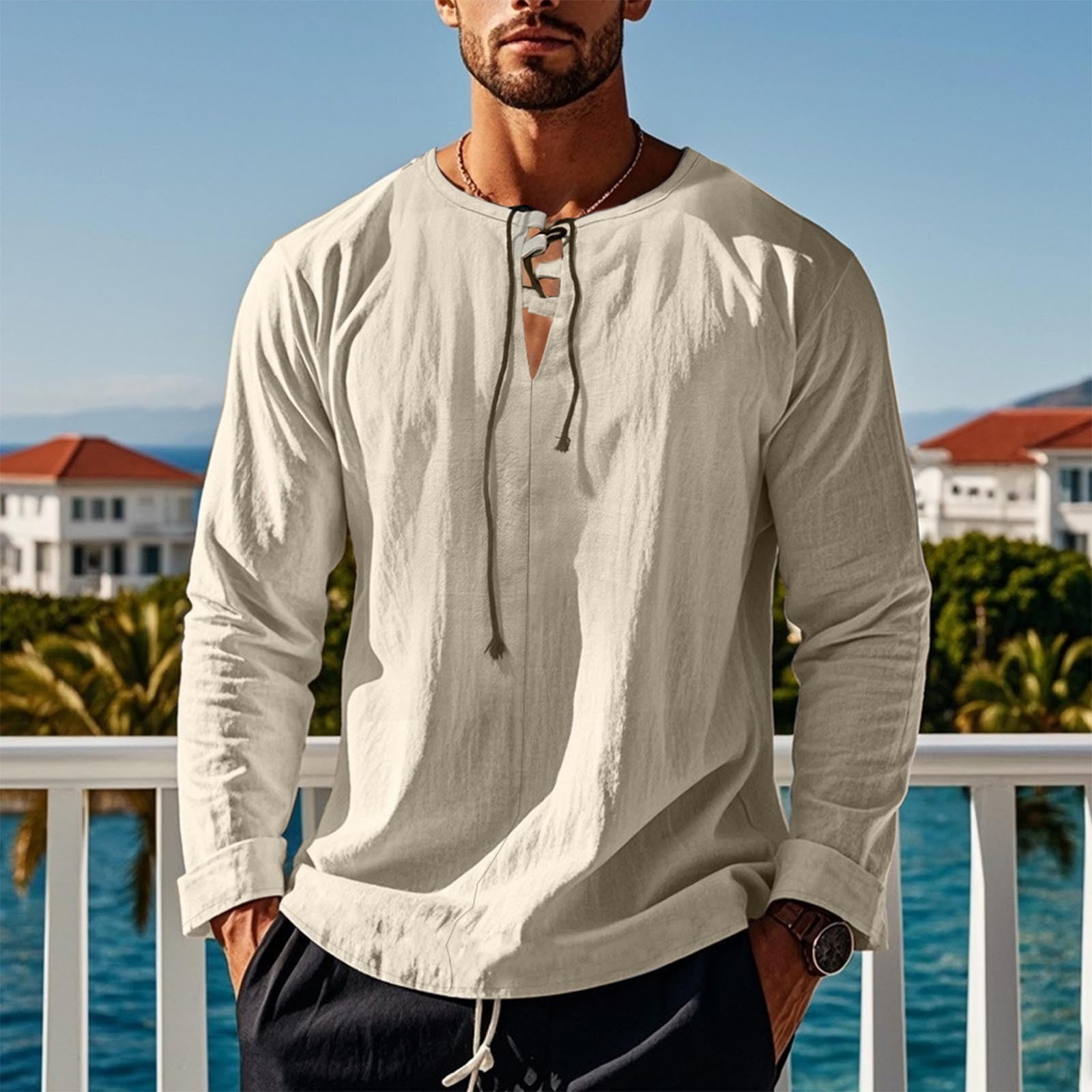 Awdenio Shirts for Men Cotton Linen Shirt Drawstring Tops Medieval ...