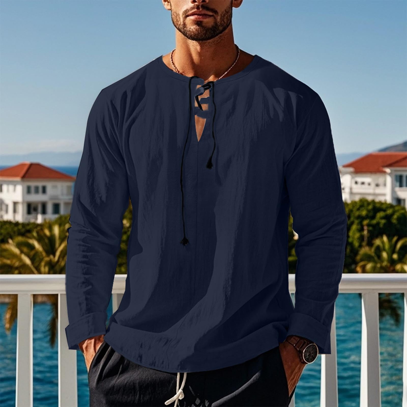 Awdenio Shirts for Men Cotton Linen Shirt Drawstring Tops Medieval ...