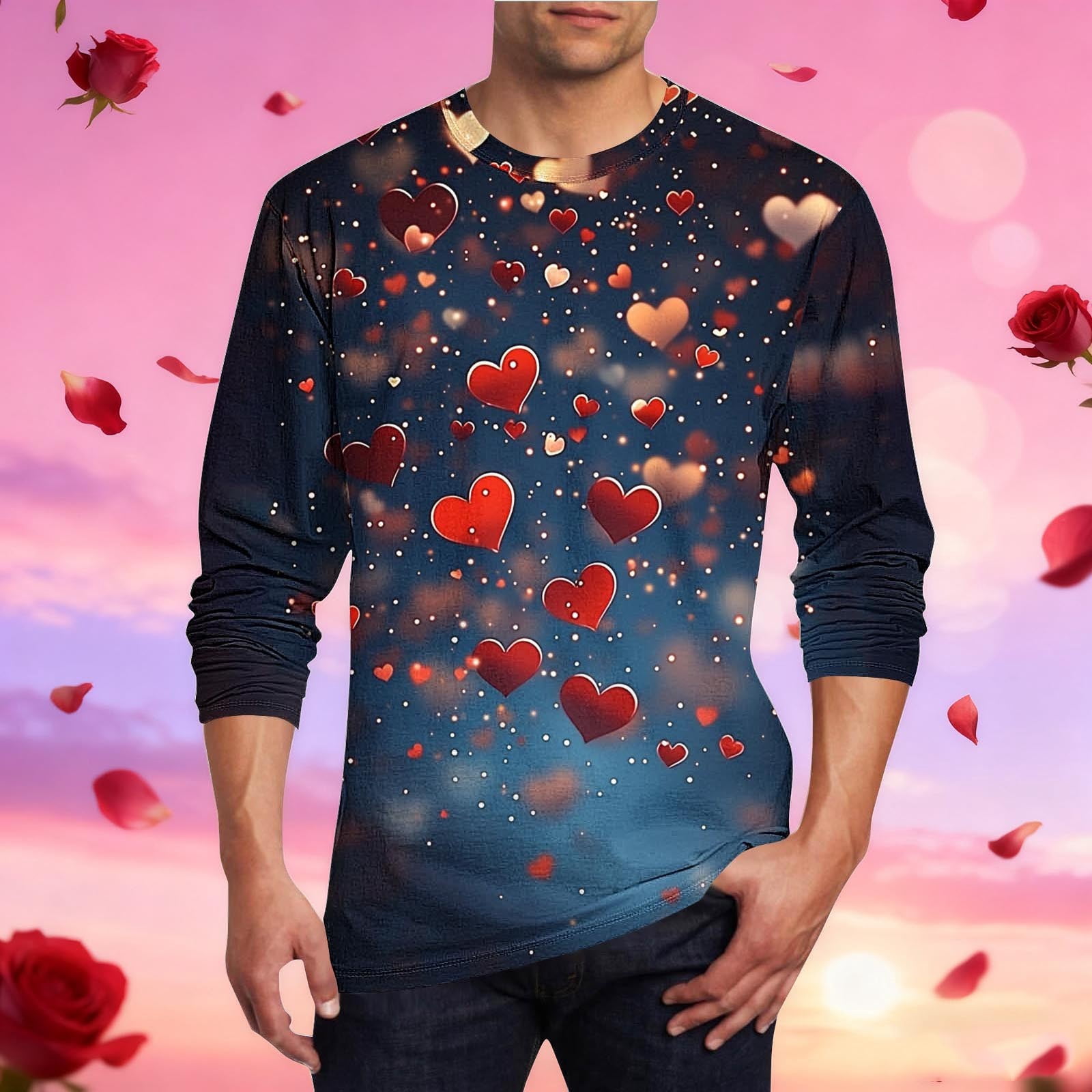 Awdenio Shirts for Men Love Heart Graphic Long Sleeve Valentine ...