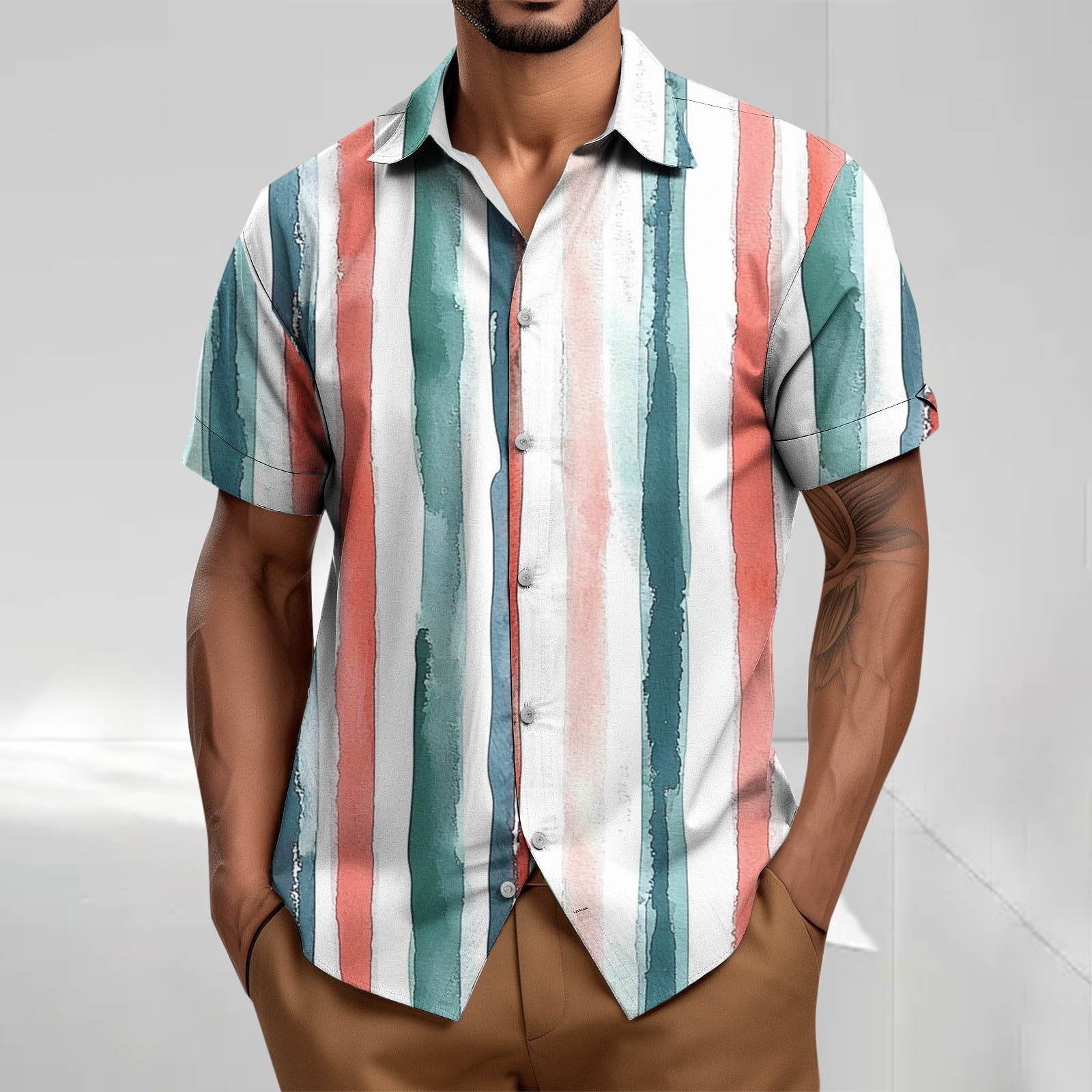 Awdenio Shirts for Men Summer Striped Shirts Casual Cuban Shirt Texture ...