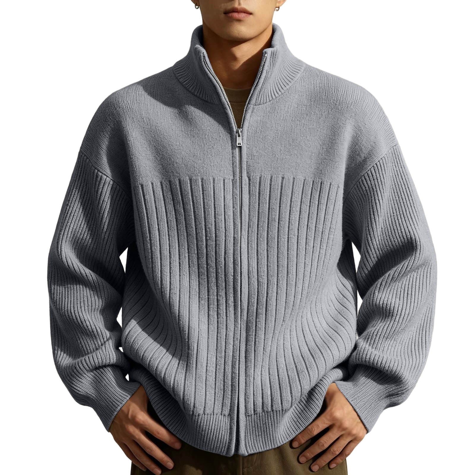 Awdenio Sweater for Men Full Zip Cardigan Sweater Stand Collar Regular ...