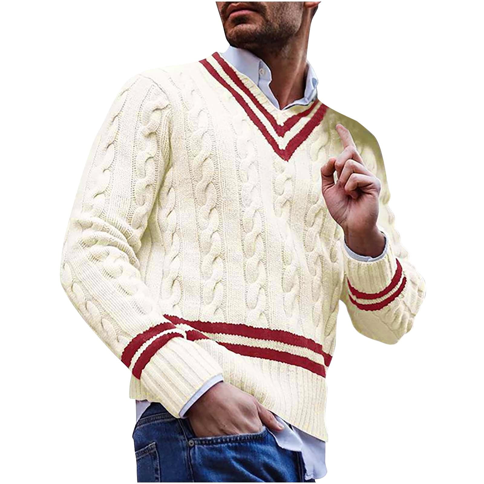 Awdenio Sweaters for Men V Neck Sweater Cable Knit Chunky Relaxed Fit ...