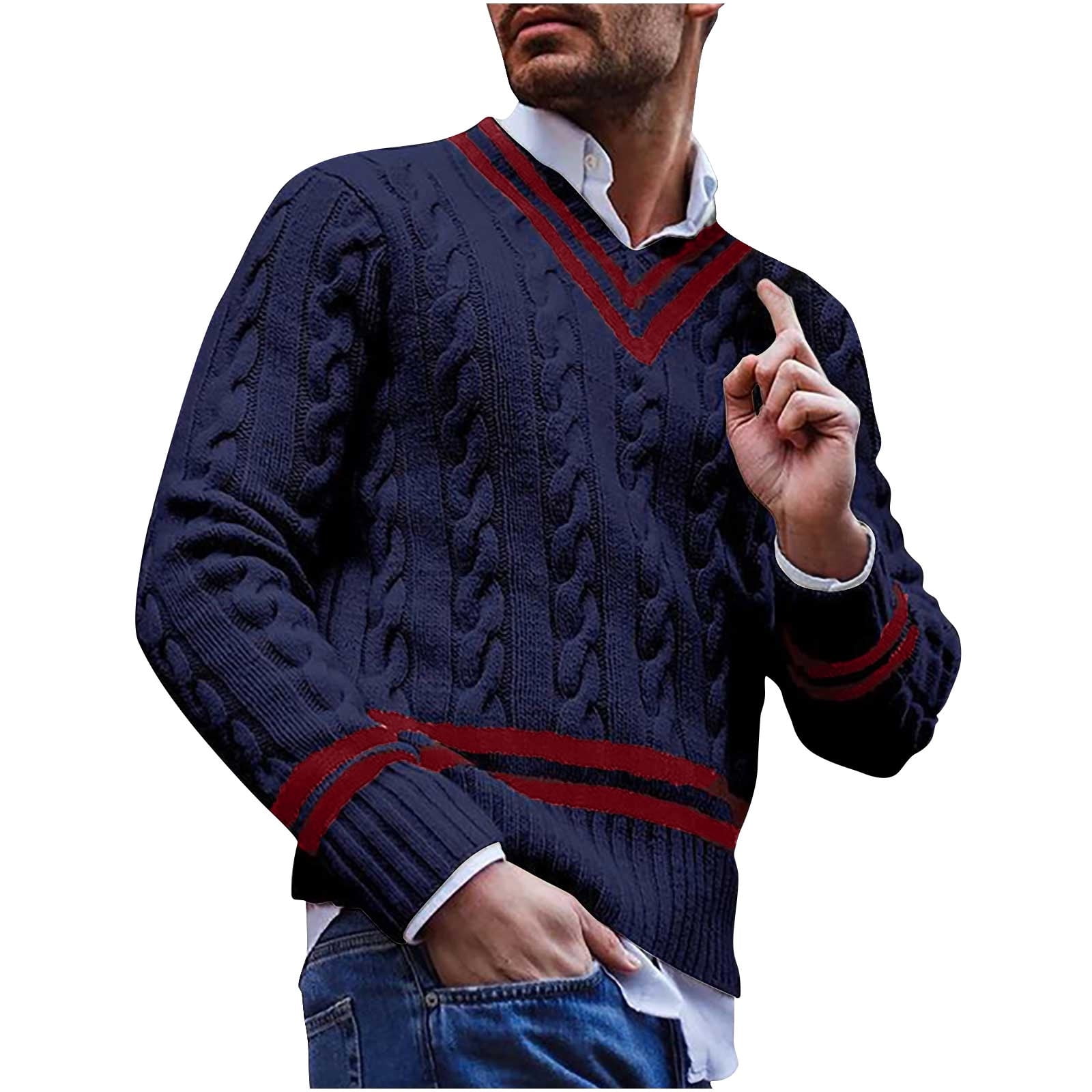 Awdenio Sweaters for Men V Neck Sweater Cable Knit Chunky Relaxed Fit ...
