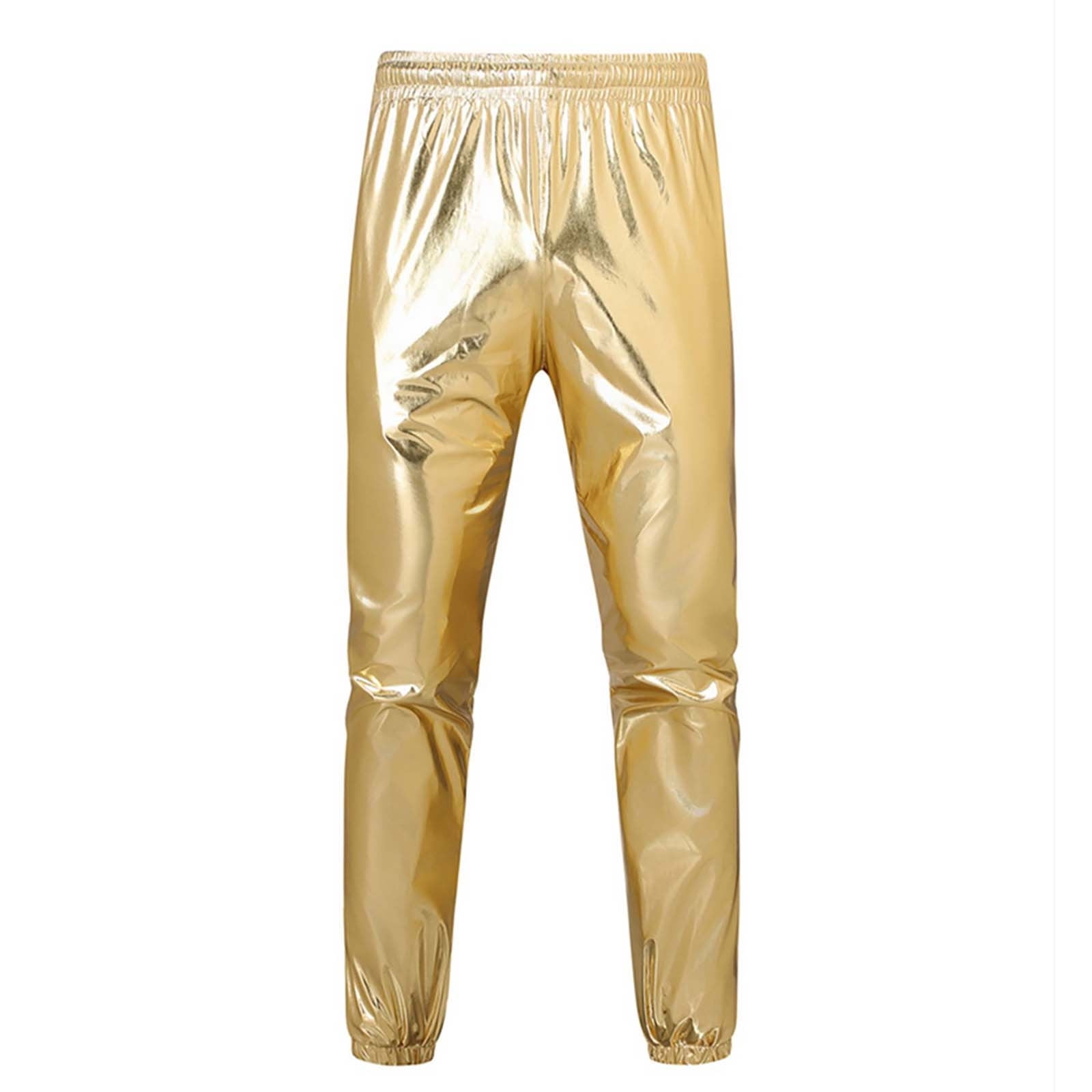 Awdenio Sweatpants for Men Night Club Skinny Shiny Gold Coated Metallic ...