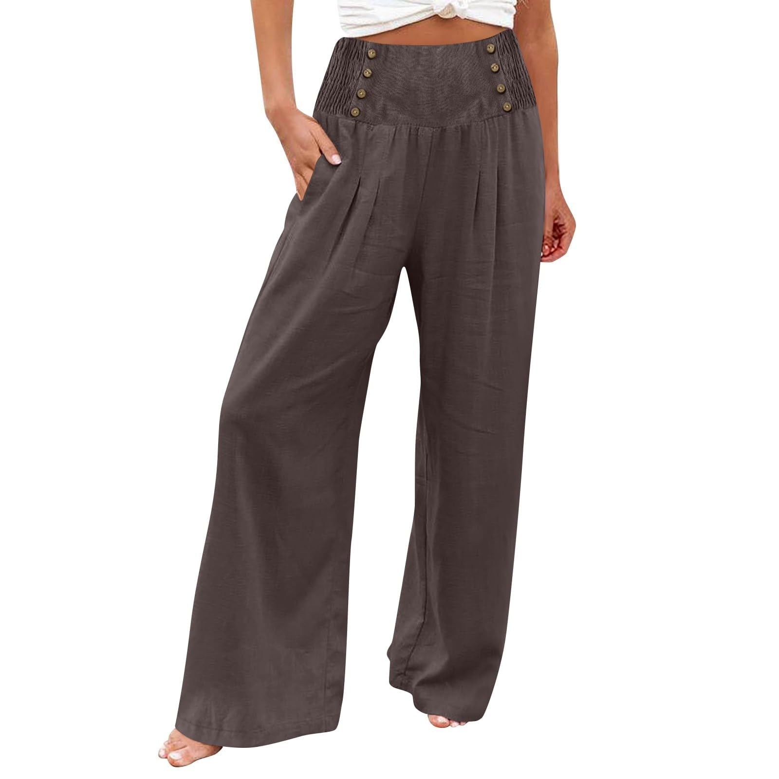 Awdenio Wide Leg Pants for Women Clearance Fashion Elastic Waist Button ...