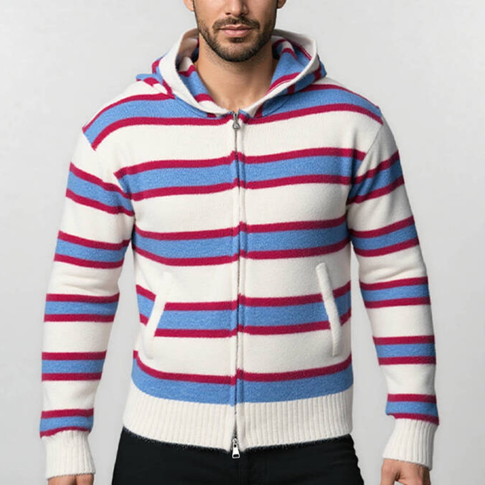 Awdenio Winter Coats for Men Striped Knitted Cardigan Coat Casual Loose ...