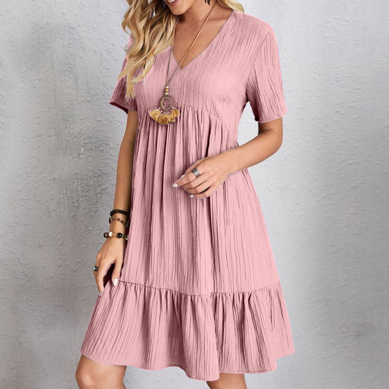 Awdenio Women's Dresses V Neck Dress Short Sleeve Mini Sundress Boho ...