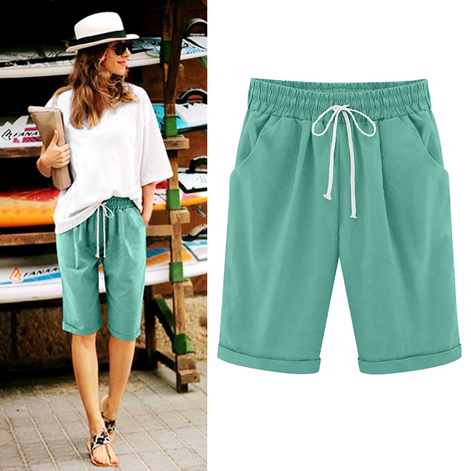 Awdenio Women's Elastic Waist Knee Length Casual Polyester Bermuda Shorts with Drawstring ...
