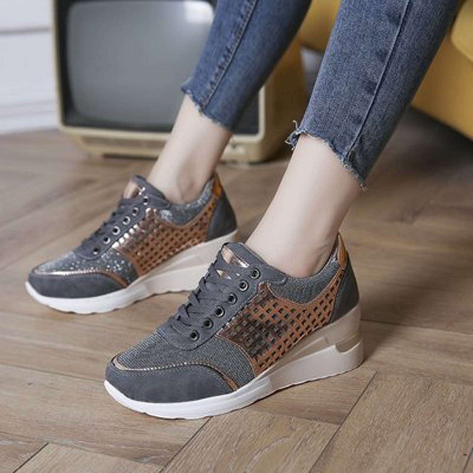 Awdenio Women's Road Running Shoes , Lace-up Casual Wedge Heel Sequined ...