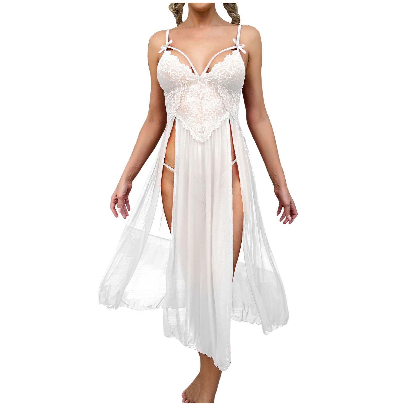 Awdenio Womens Pajamas Sexy Mesh Deep V Lace Pajamas Side Slit Sling ...