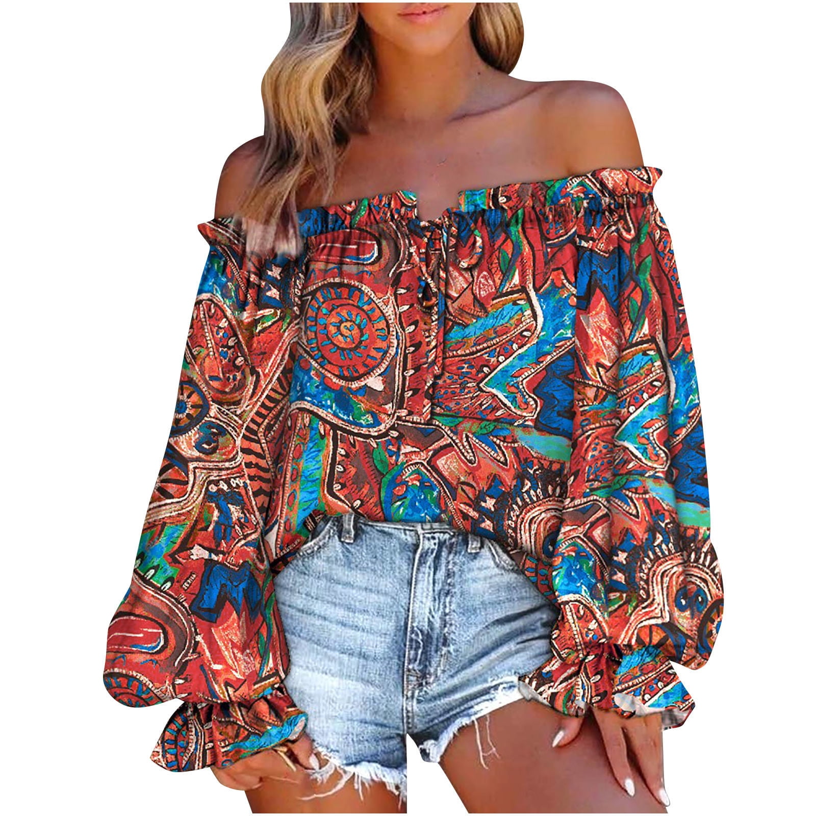 Awdenio Womens Tops , Women's Summer Casual Printing Long Sleeve Off ...