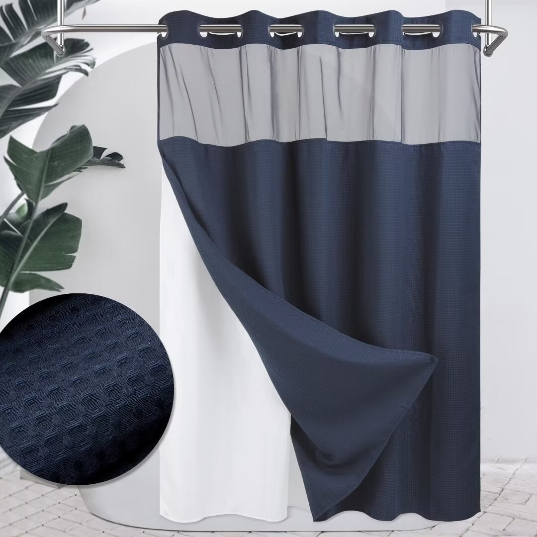 Awesome Home No Hook Waffle Weave Shower Curtain and Liner Set Sheer ...