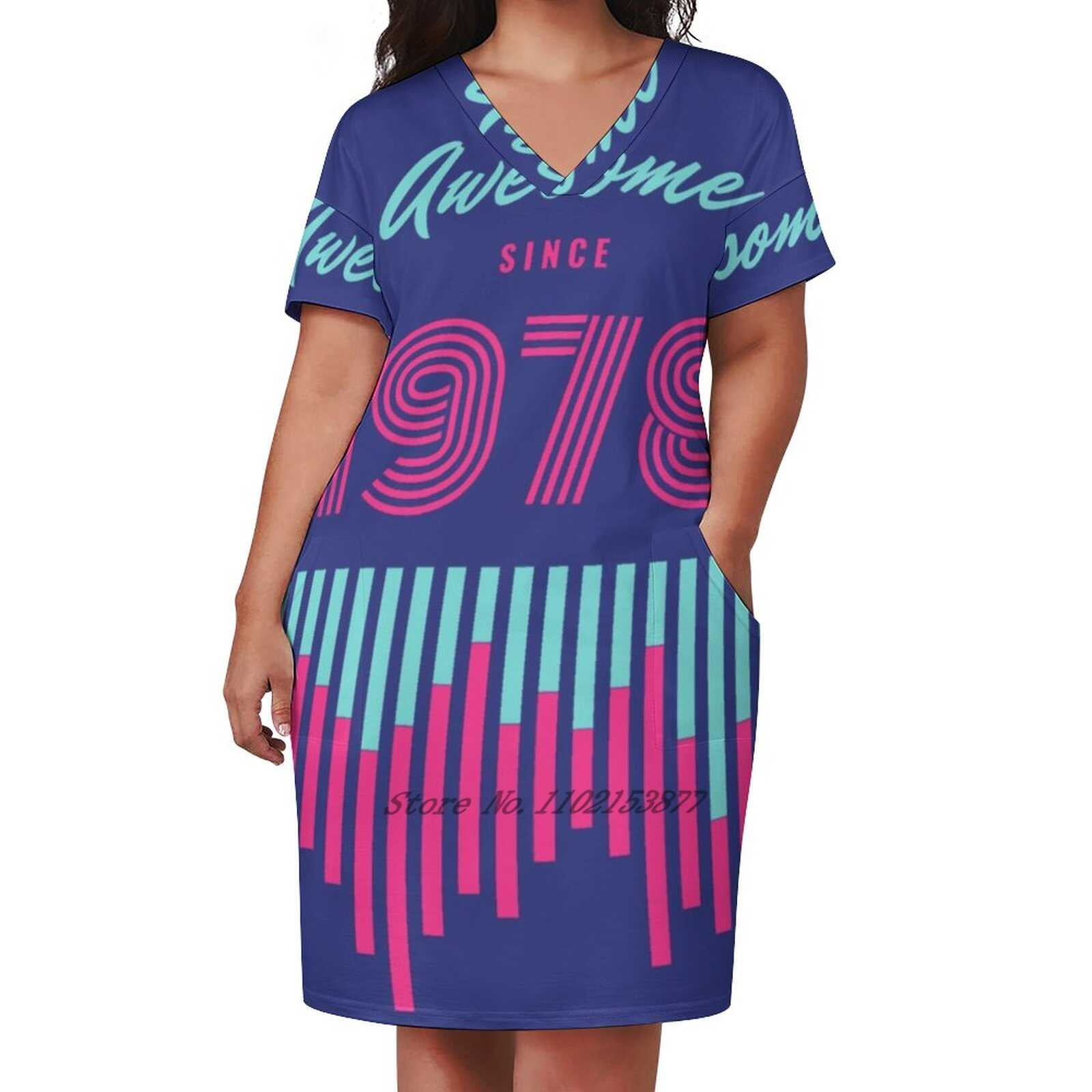 Awesome Since 1978 Loose Pocket Dress Summer Sexy V Neck Dress Print Short Sleeve Dress Awesome ...
