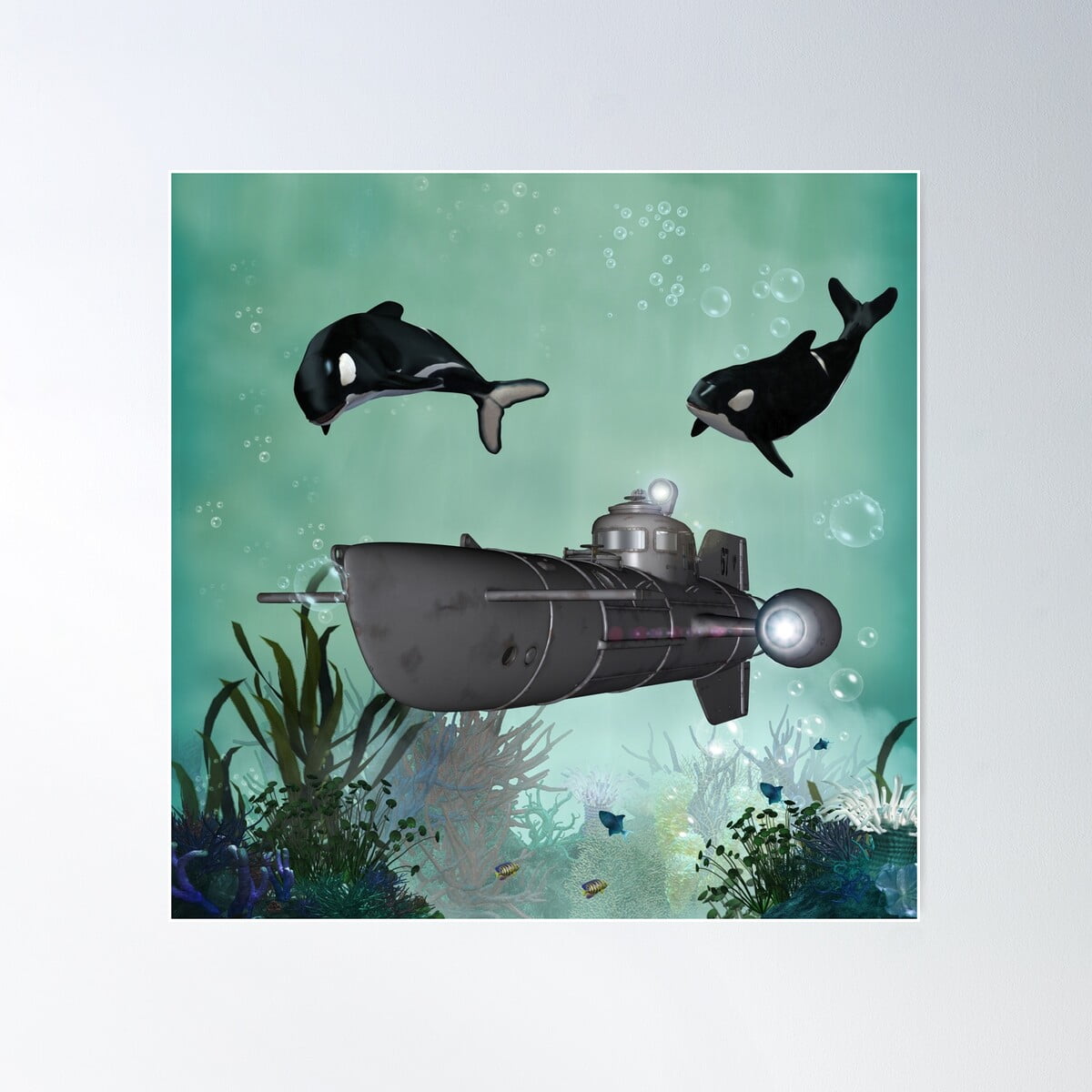 Awesome Submarine With Playing Orcas Poster Wall Art, Modern Wall Decor ...