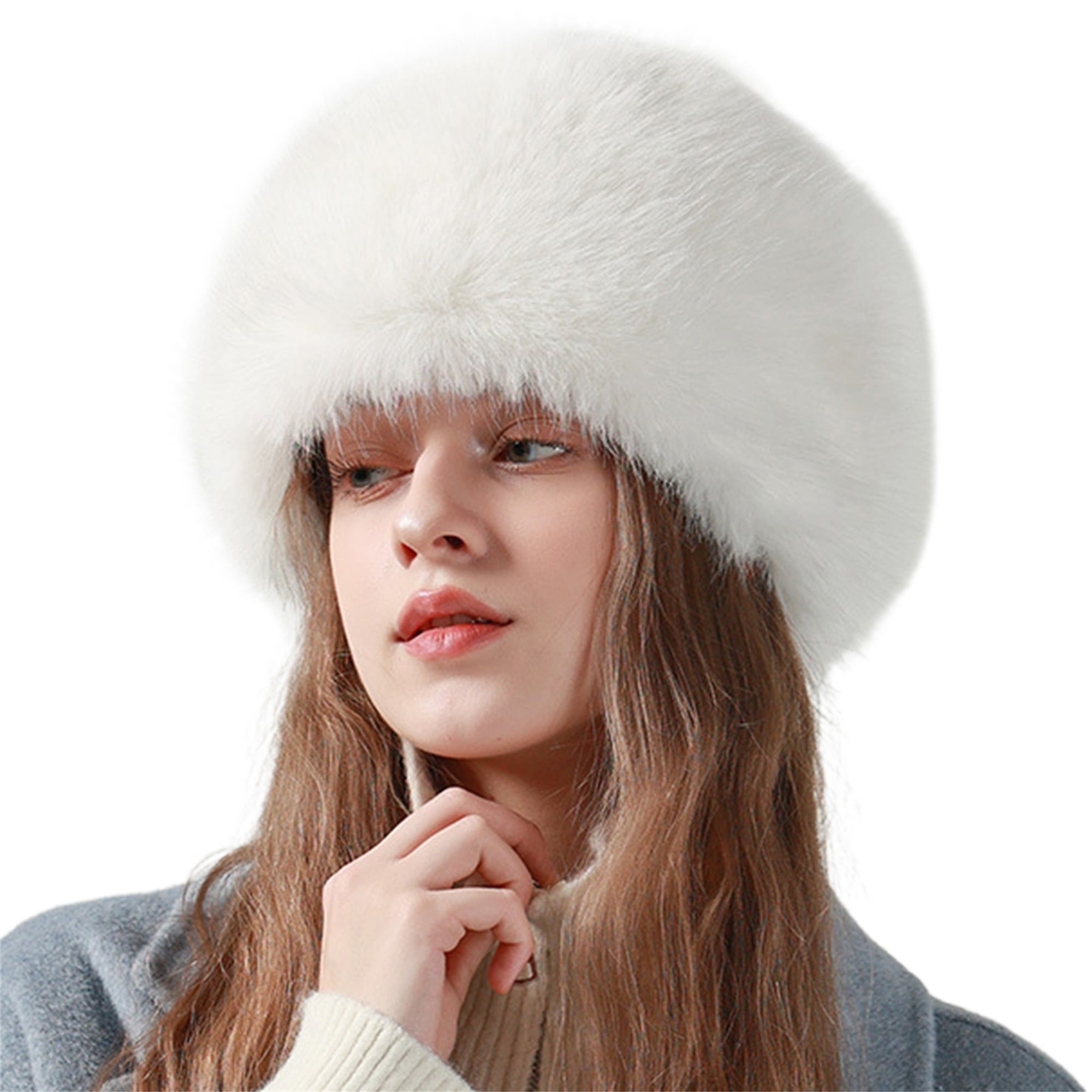 Awevudst Women Faux Fur Hat Winter Warm Plush Hat Fuzzy Outdoor Cossack ...