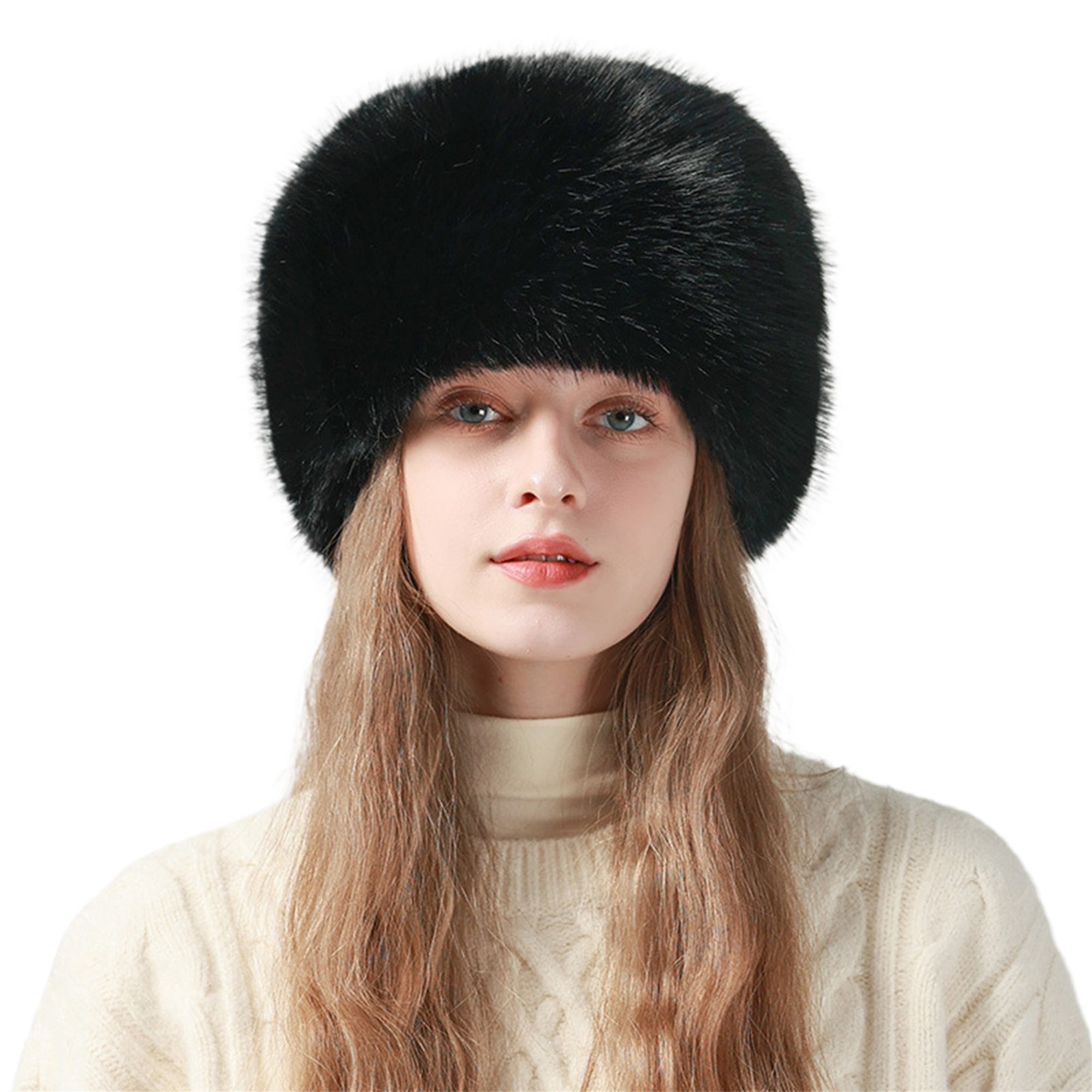 Awevudst Women Faux Fur Hat Winter Warm Plush Hat Fuzzy Outdoor Cossack ...