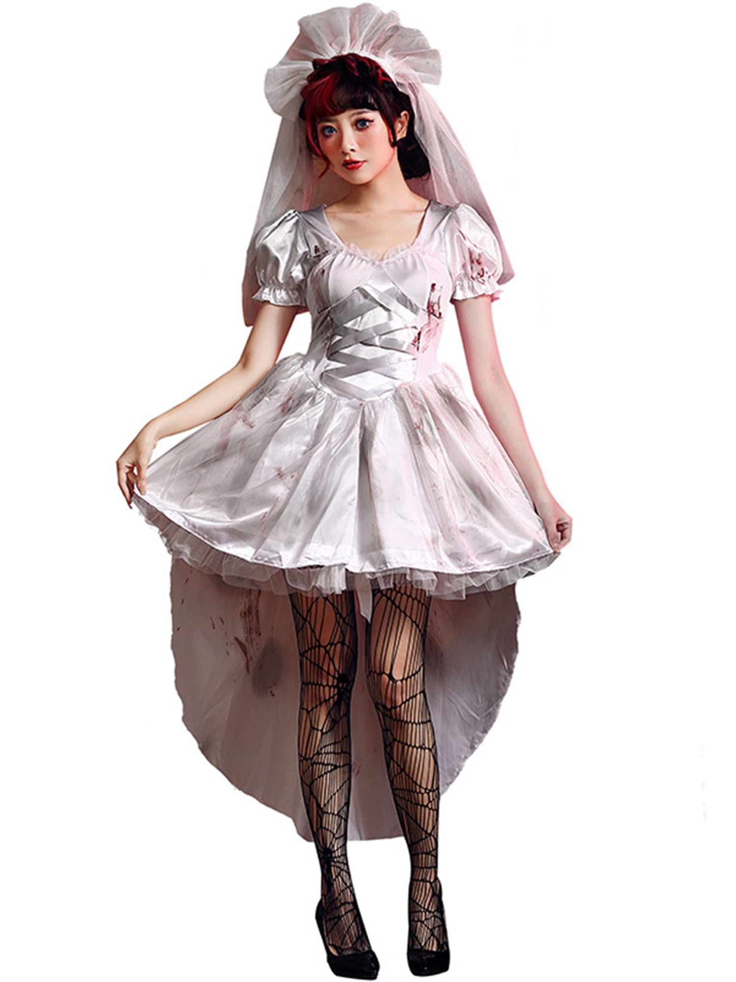 Awevudst Women Ghost Bride Costumes Halloween High Low Bride Dress with ...