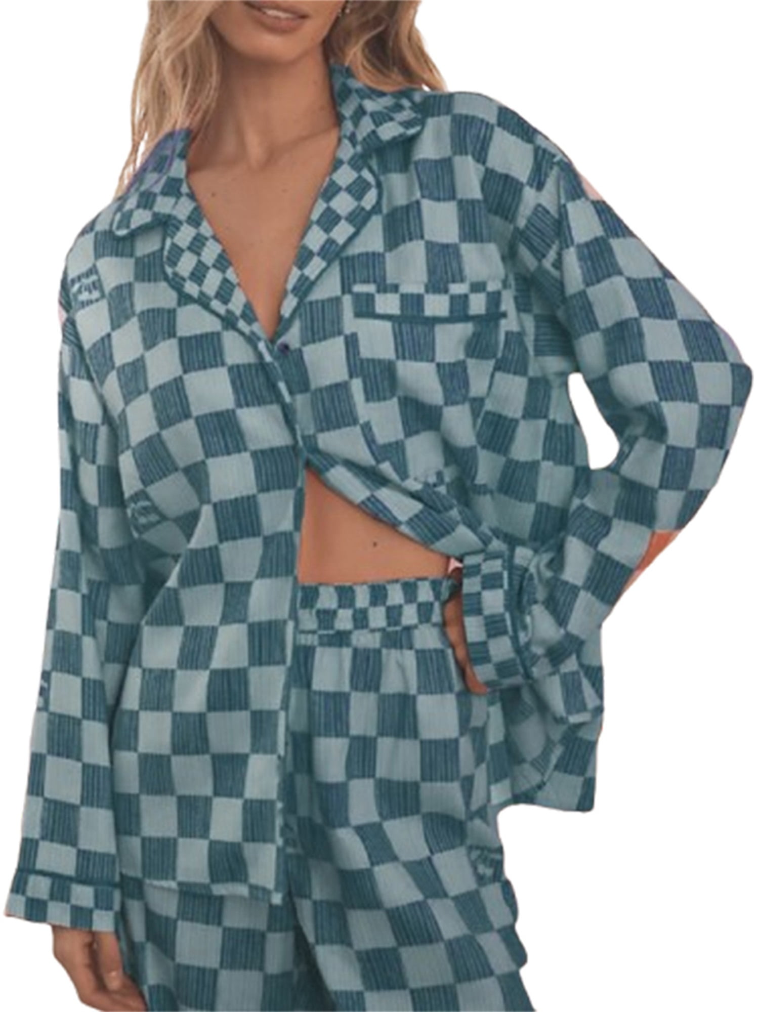 Awevudst Women’s 2 Piece Pajama Set Long Sleeve Checkered Print Shirt ...