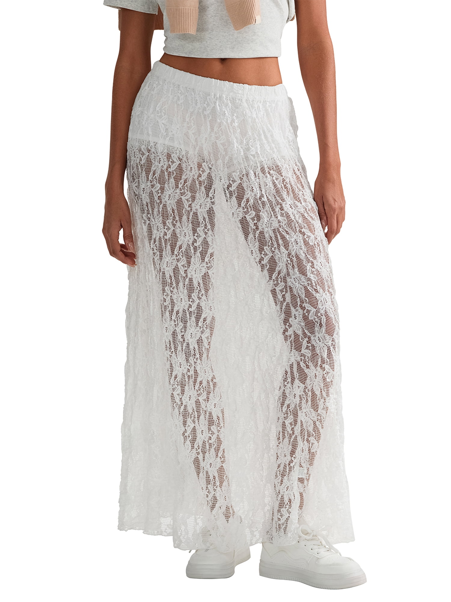 Awevudst Womens Autumn Long Skirt Elastic Waist Lace Lotus Edge Skirts