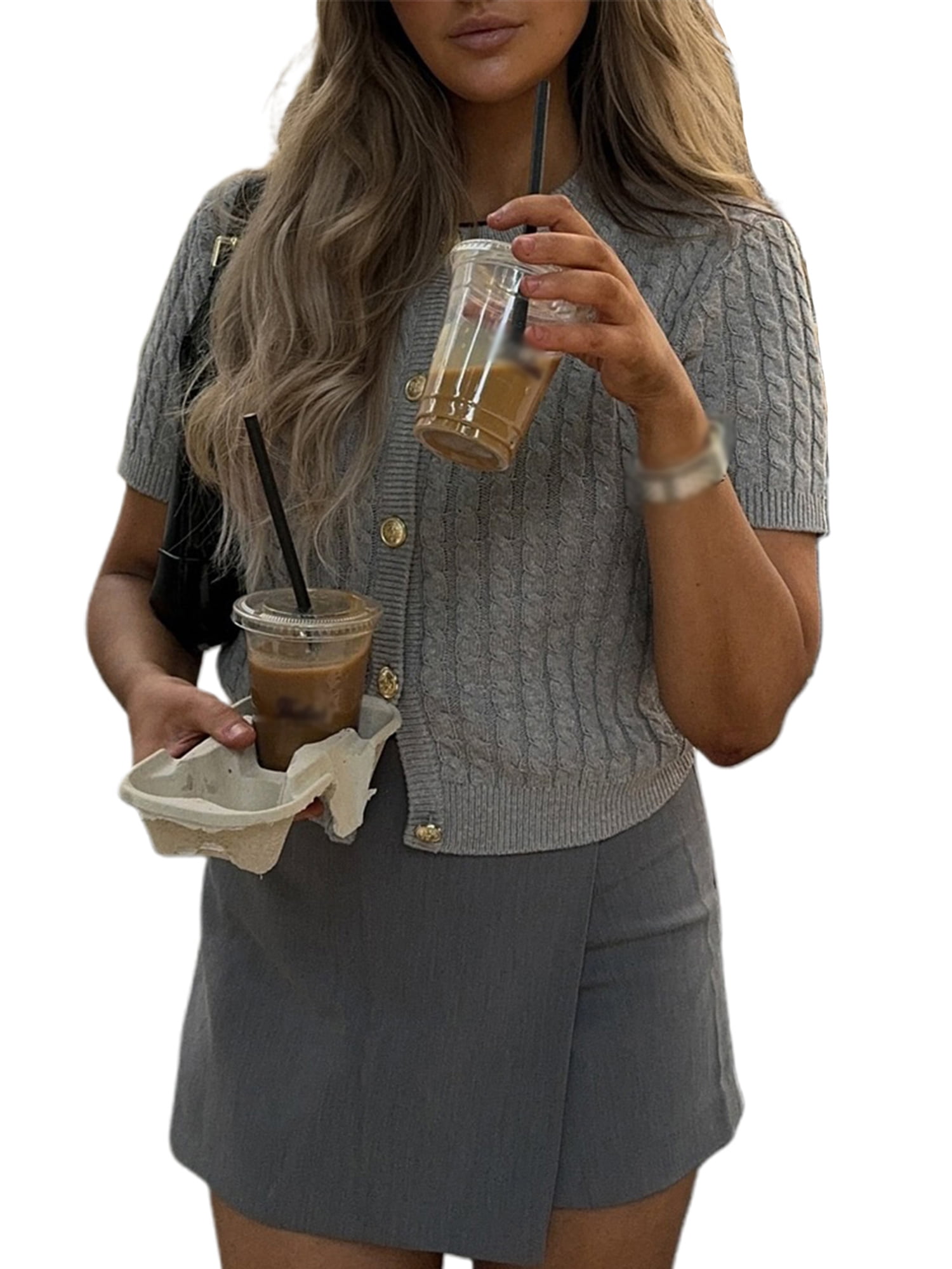 Awevudst Women's Cable Knit Cardigan Short Sleeve Button-front Crop ...