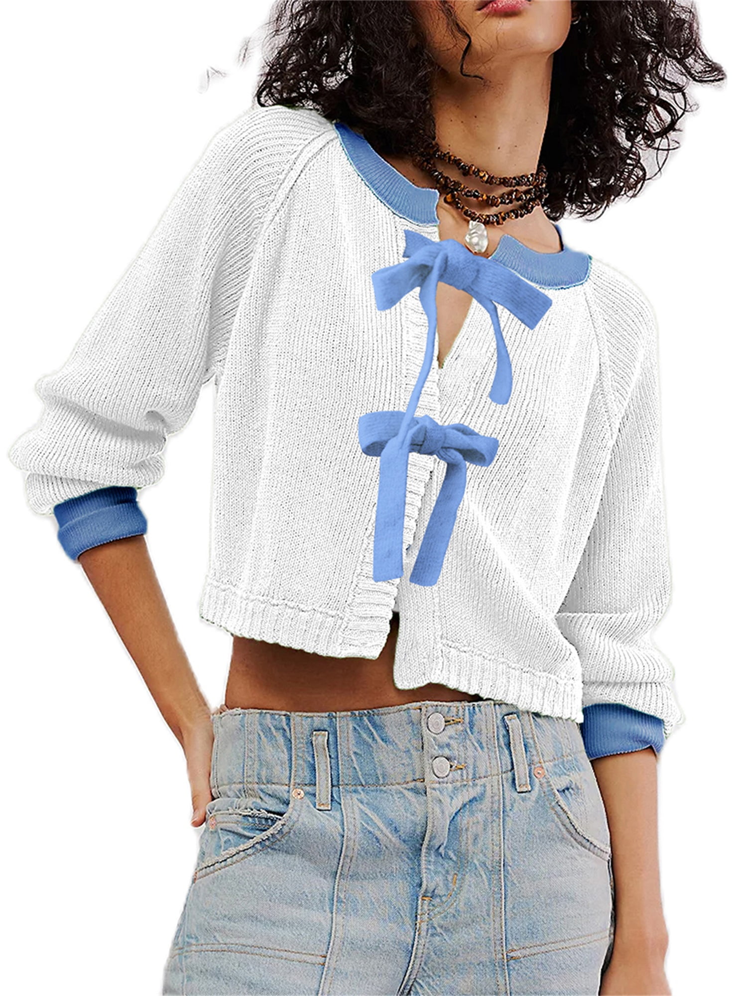 Awevudst Women's Knit Sweater Long Sleeve Bow Tie Front Contrast Color ...