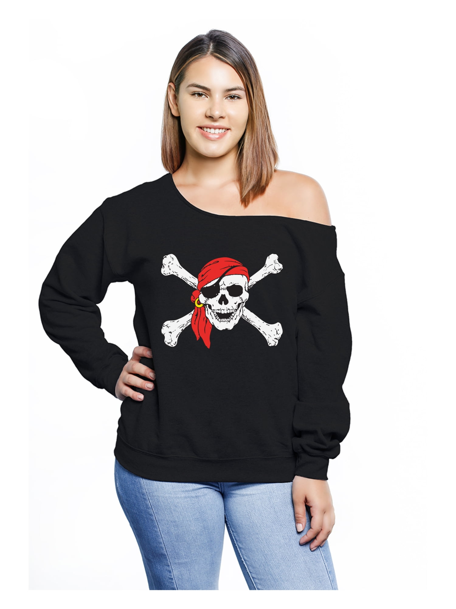 Awkward Styles Jolly Roger Skull Off Shoulder Sweatshirt Pirate Skull ...