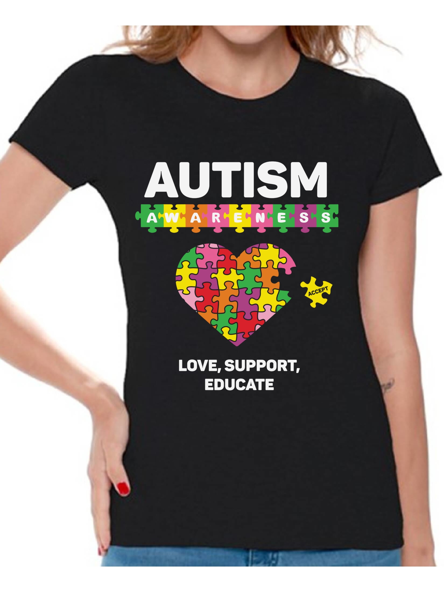 Beopjesk Womens Love Autism Awareness Shirts Short Sleeve Round Neck ...