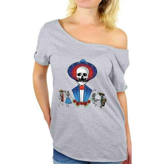 Awkward Styles Mustache Skull Off Shoulder Shirt Dancing Skeletons ...