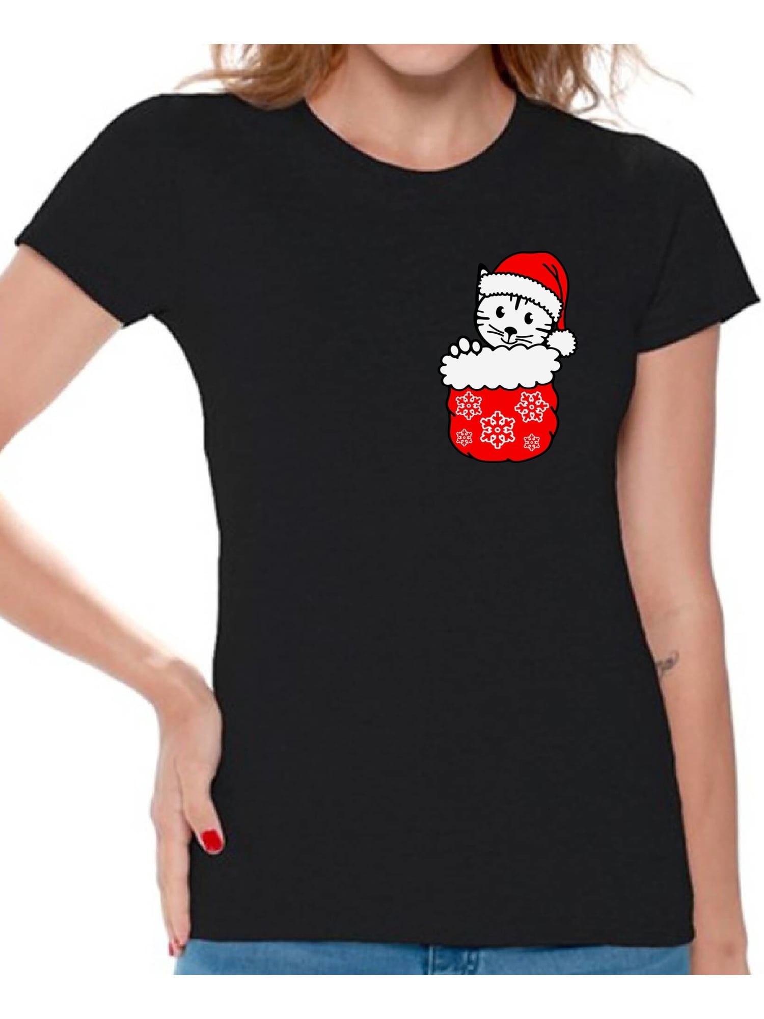 Awkward Styles Pocket Cat Christmas Shirt for Women Christmas Cat T ...