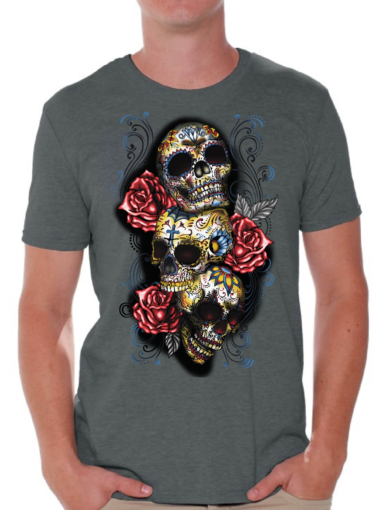 Awkward Styles Three Sugar Skull Tshirt for Men Skull Red Roses Shirt ...