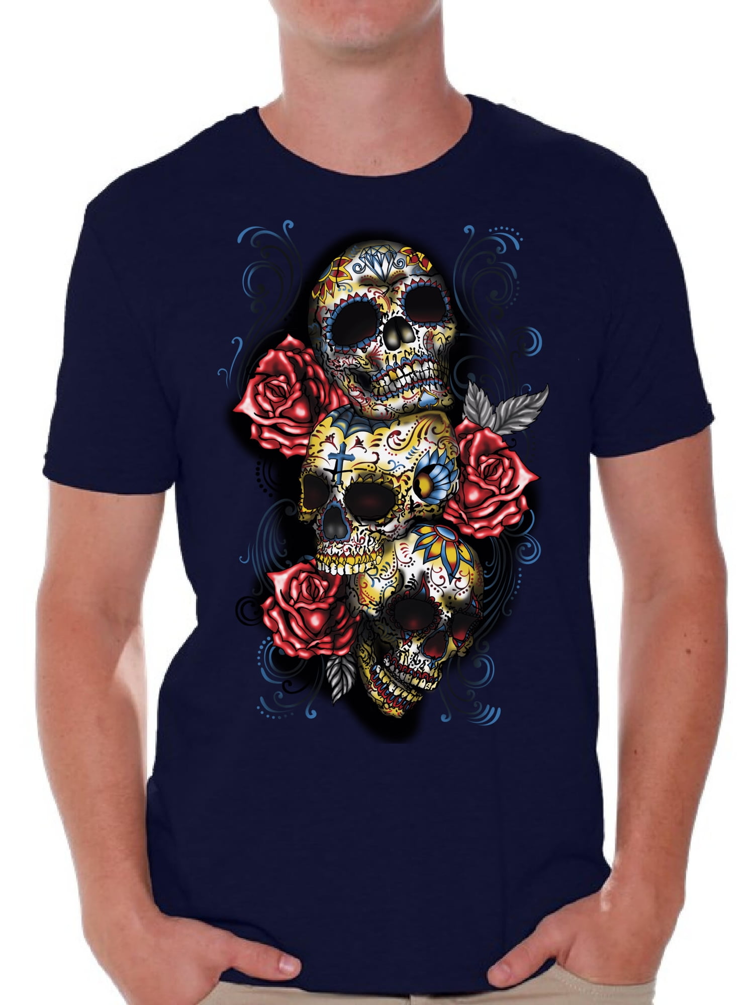 Awkward Styles Three Sugar Skull Tshirt for Men Skull Red Roses Shirt ...