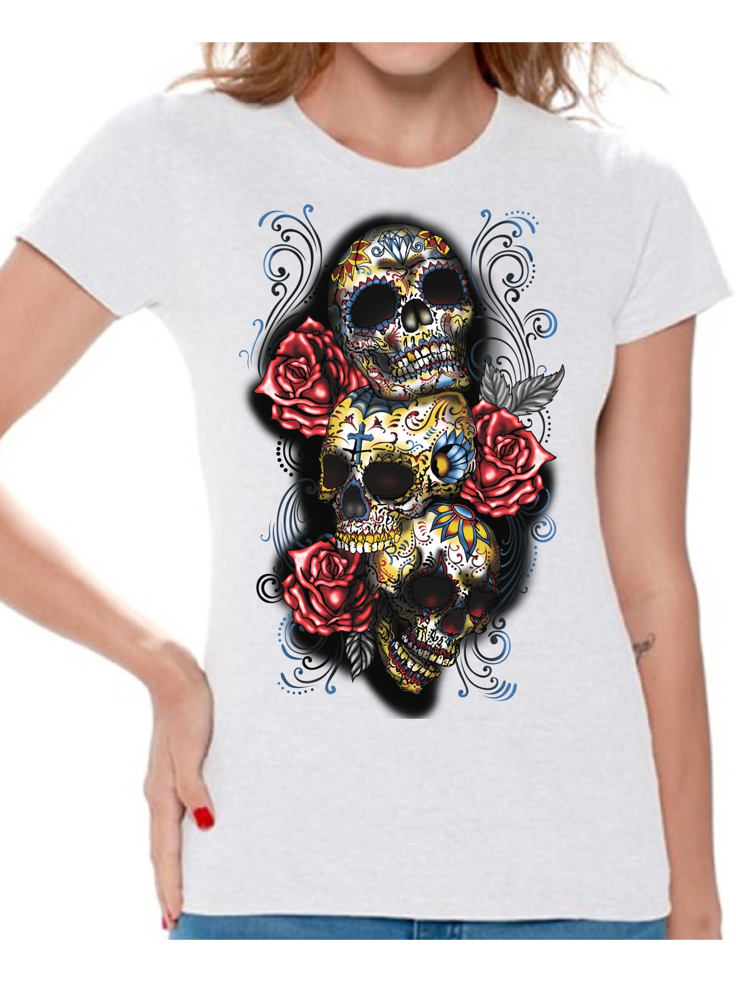 Awkward Styles Three Sugar Skull Tshirt for Women Skull Red Roses Shirt ...