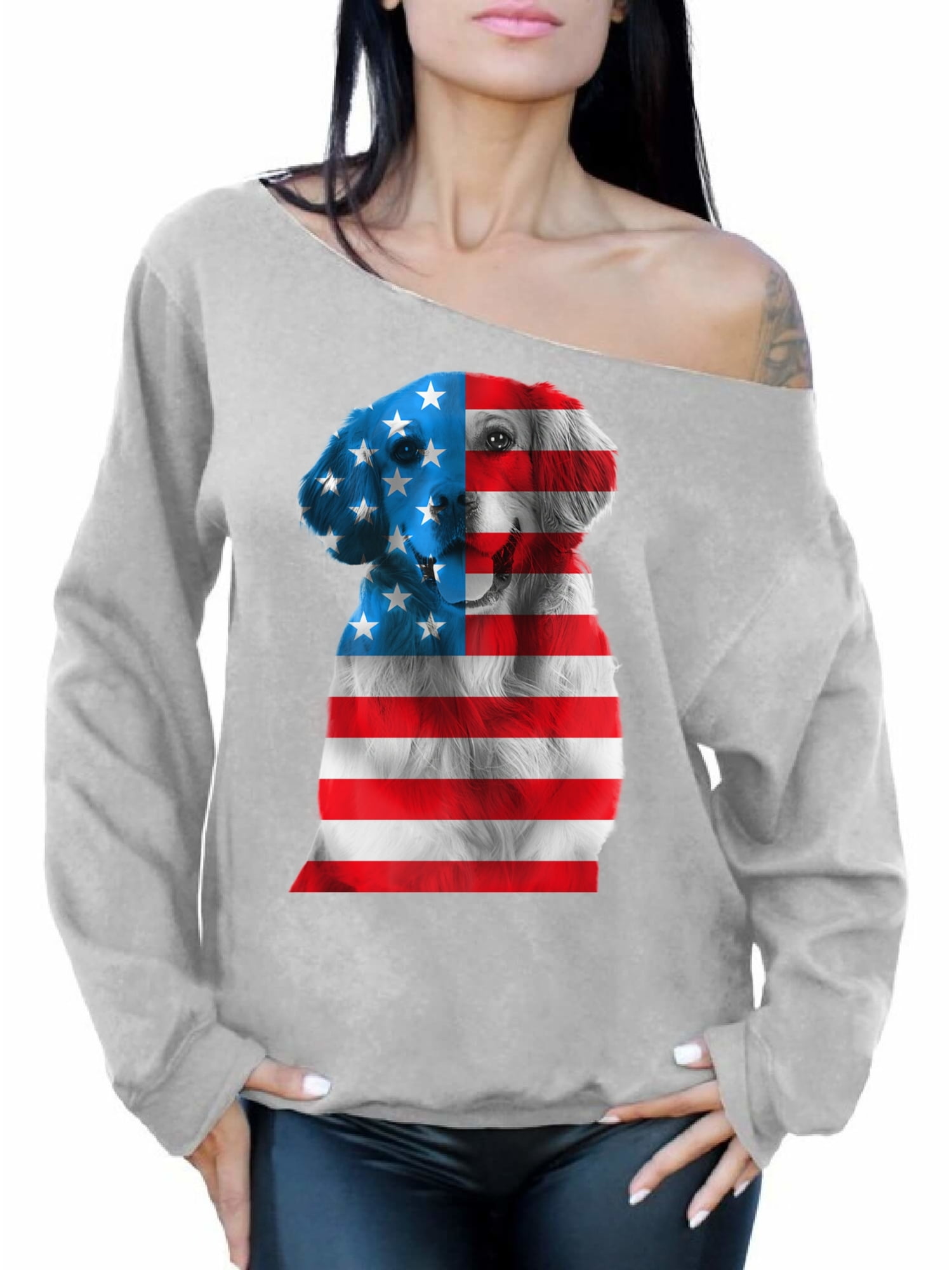 Awkward Styles Women's USA Flag Golden Retriever Graphic Off Shoulder ...