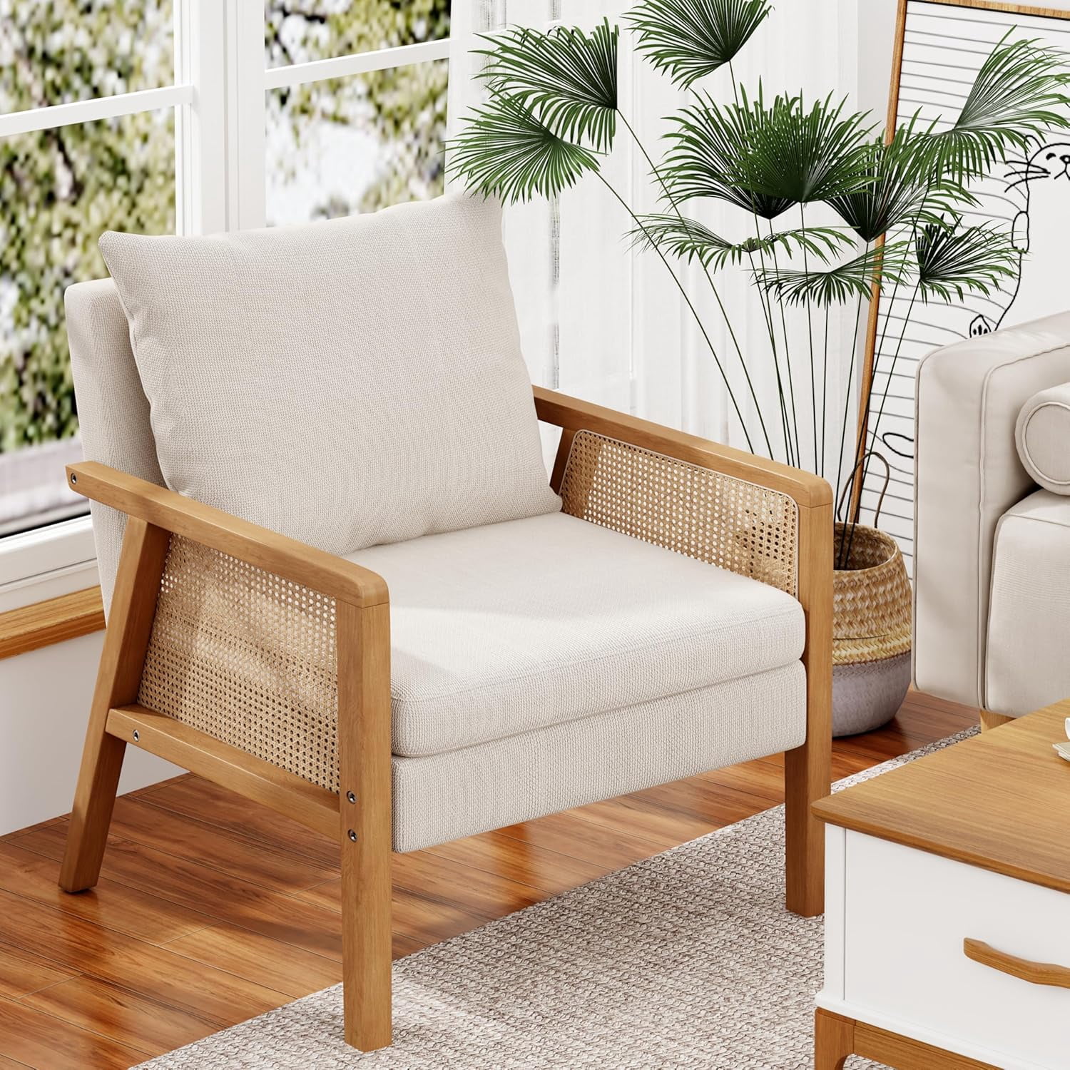 Awonde Ivory Accent Chair Linen Mid Century Modern Upholstered Living ...
