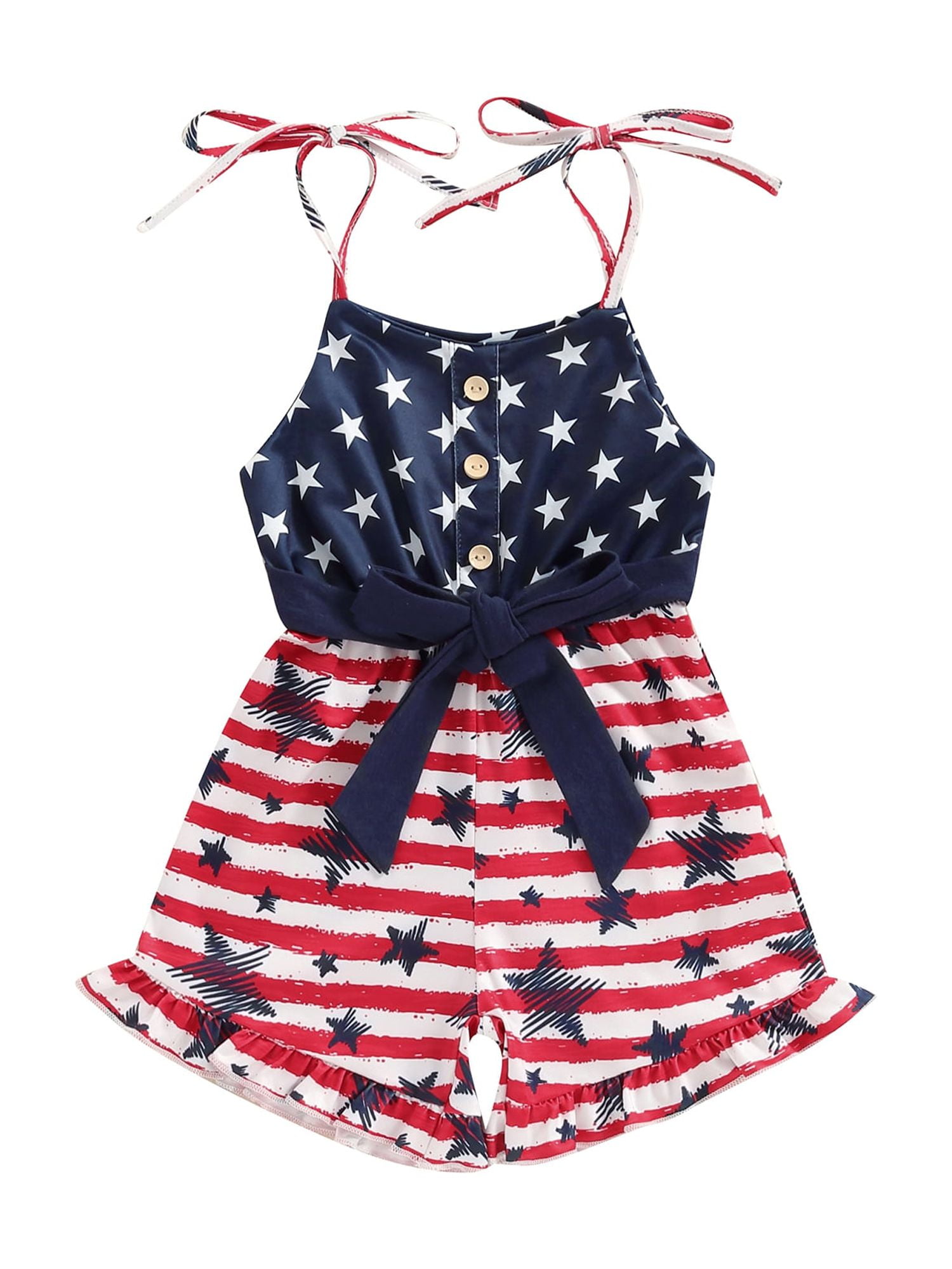 Awoscut 4th of July Baby Girl Summer Overalls Stripe Stars Print Romper Sleeveless Tie-Up ...