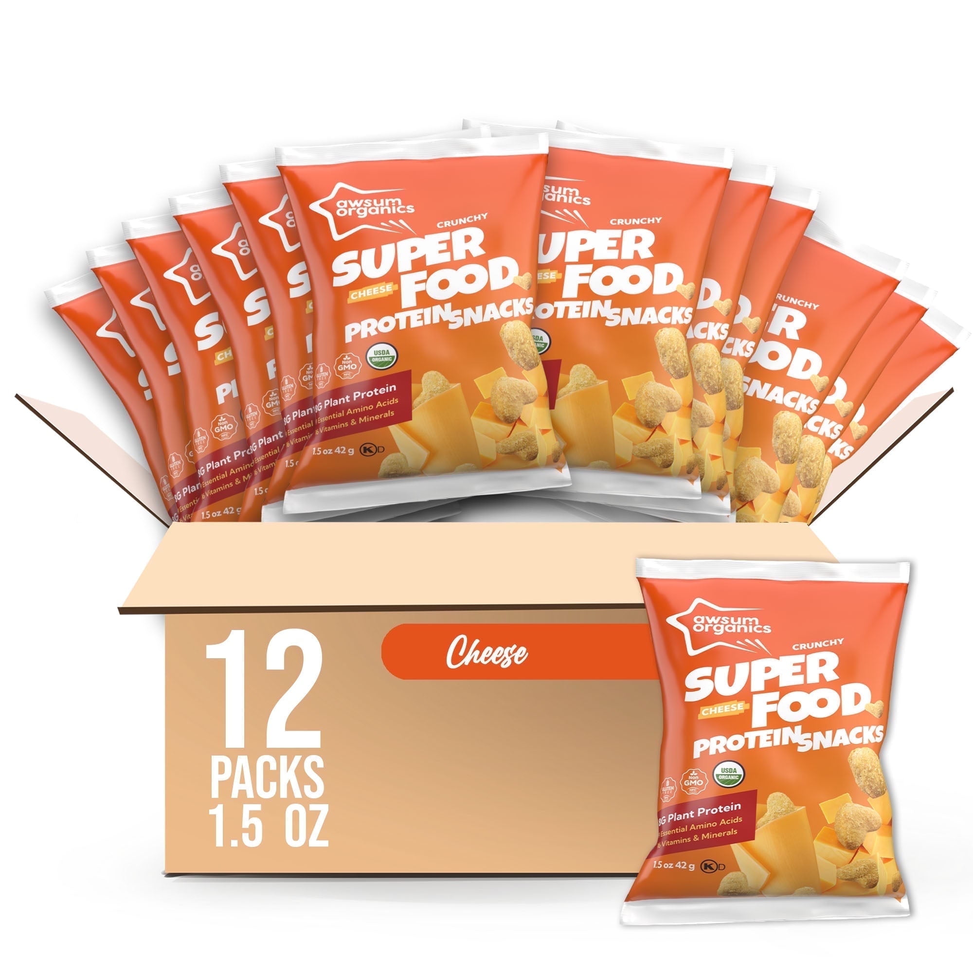 Awsum Organics Protein Puffs, Aged Cheddar Flavor, 12 Pack, 1.5 oz ...