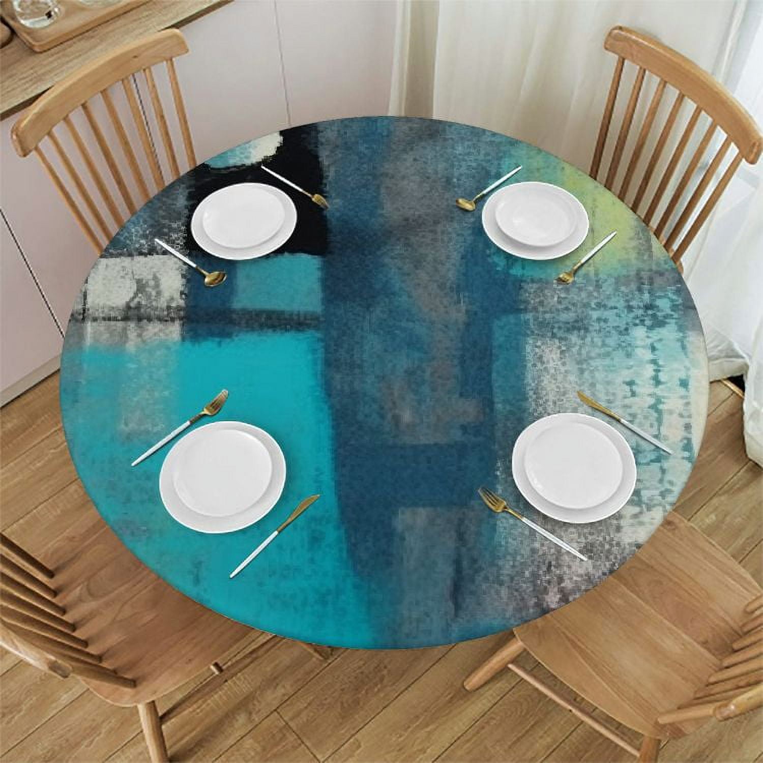 Awypu Abstract Art Painting Gray and Teal Table Cloth Turquoise Round ...