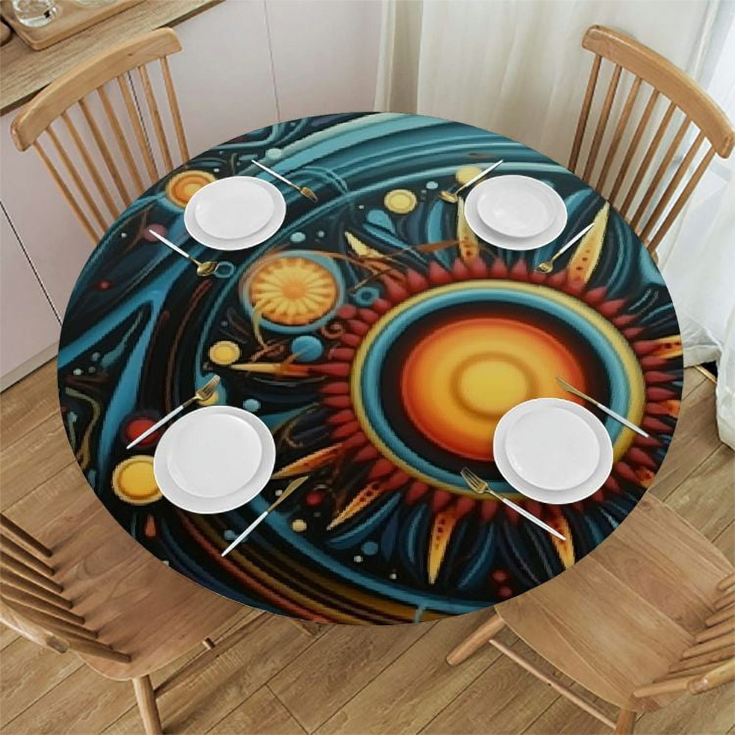 Awypu Abstract Painting Round Fitted Tablecloth with Elastic Edge ...