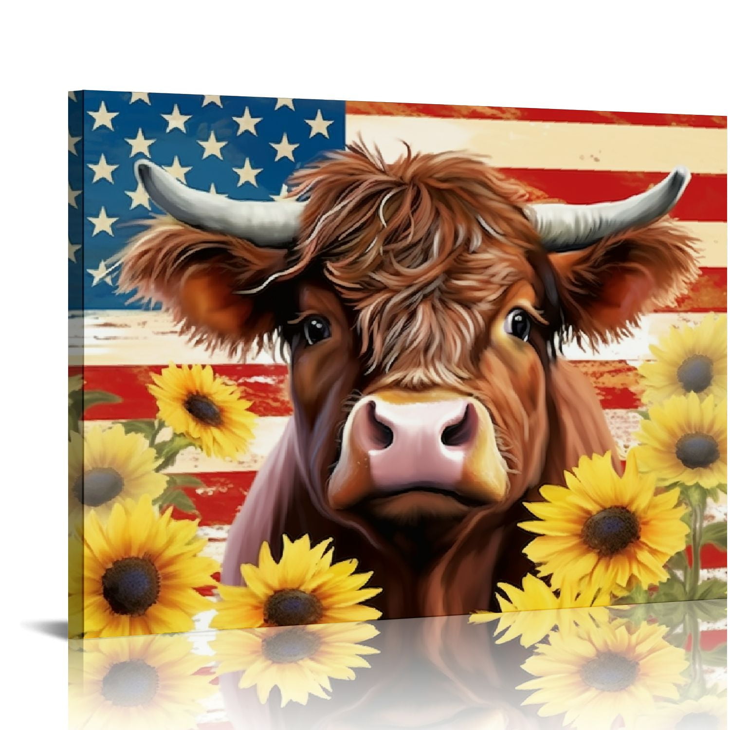 Awypu American Flag Sunflower Highland Cow, Bathroom Canvas Wall Art ...