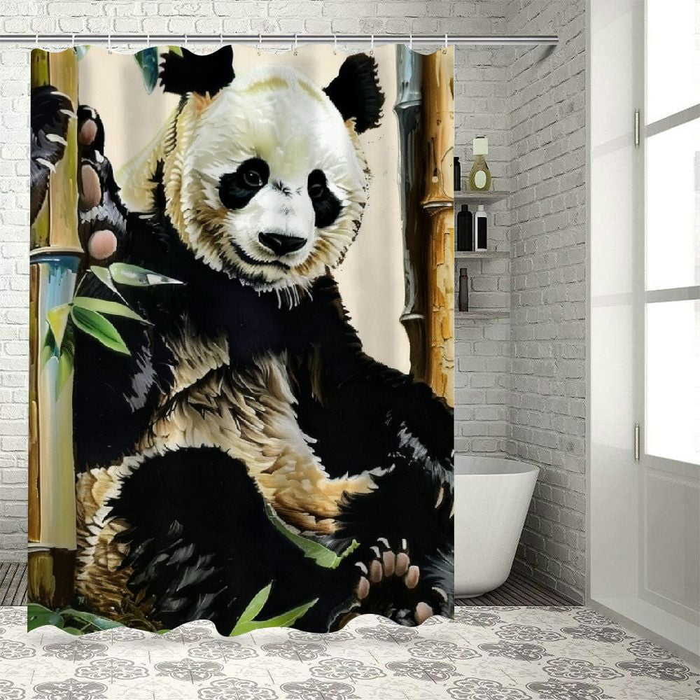 Awypu Bathroom Shower Curtain Set with Hooks Panda Eating Bamboo ...