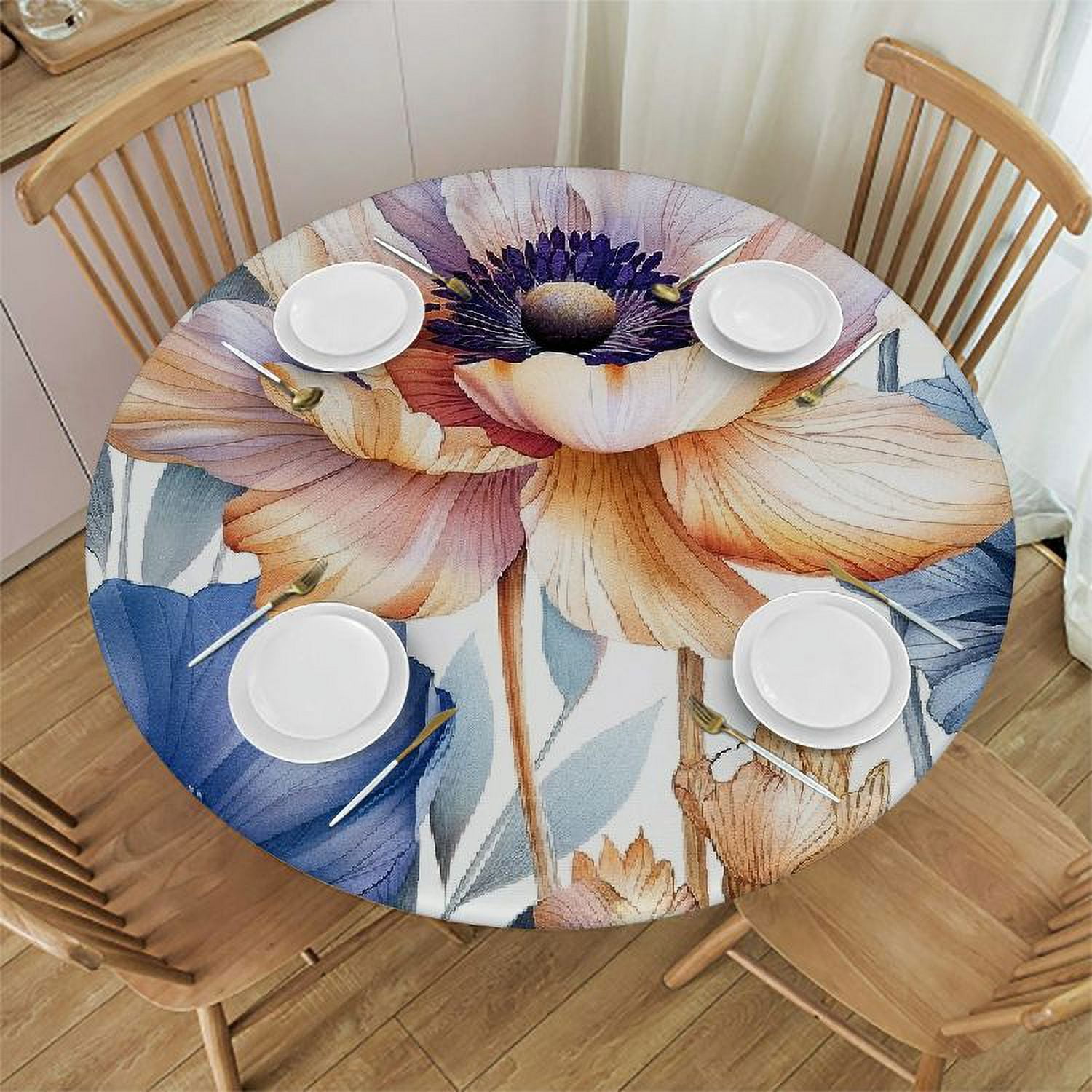Awypu Blue Flower Round Table Cover 100% Polyester Fiber - Table ...